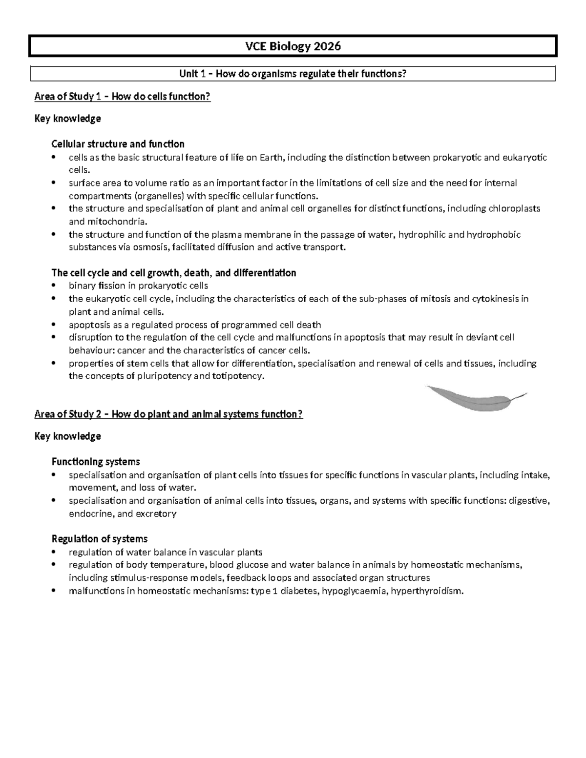 VCE Biology 2026 Unit 1 Study Guide: Organism Function Regulation - Studocu