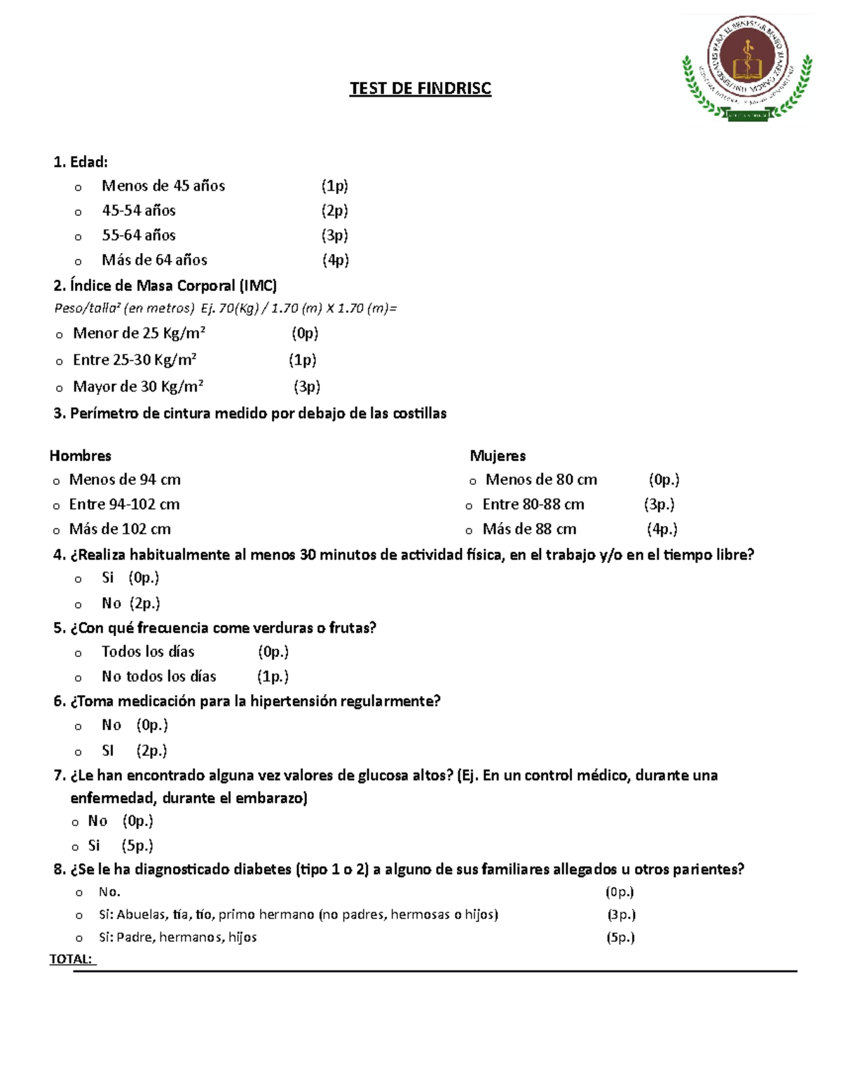 TEST DE FINDRISC - Evaluación de Riesgo para Diabetes Mellitus - Studocu