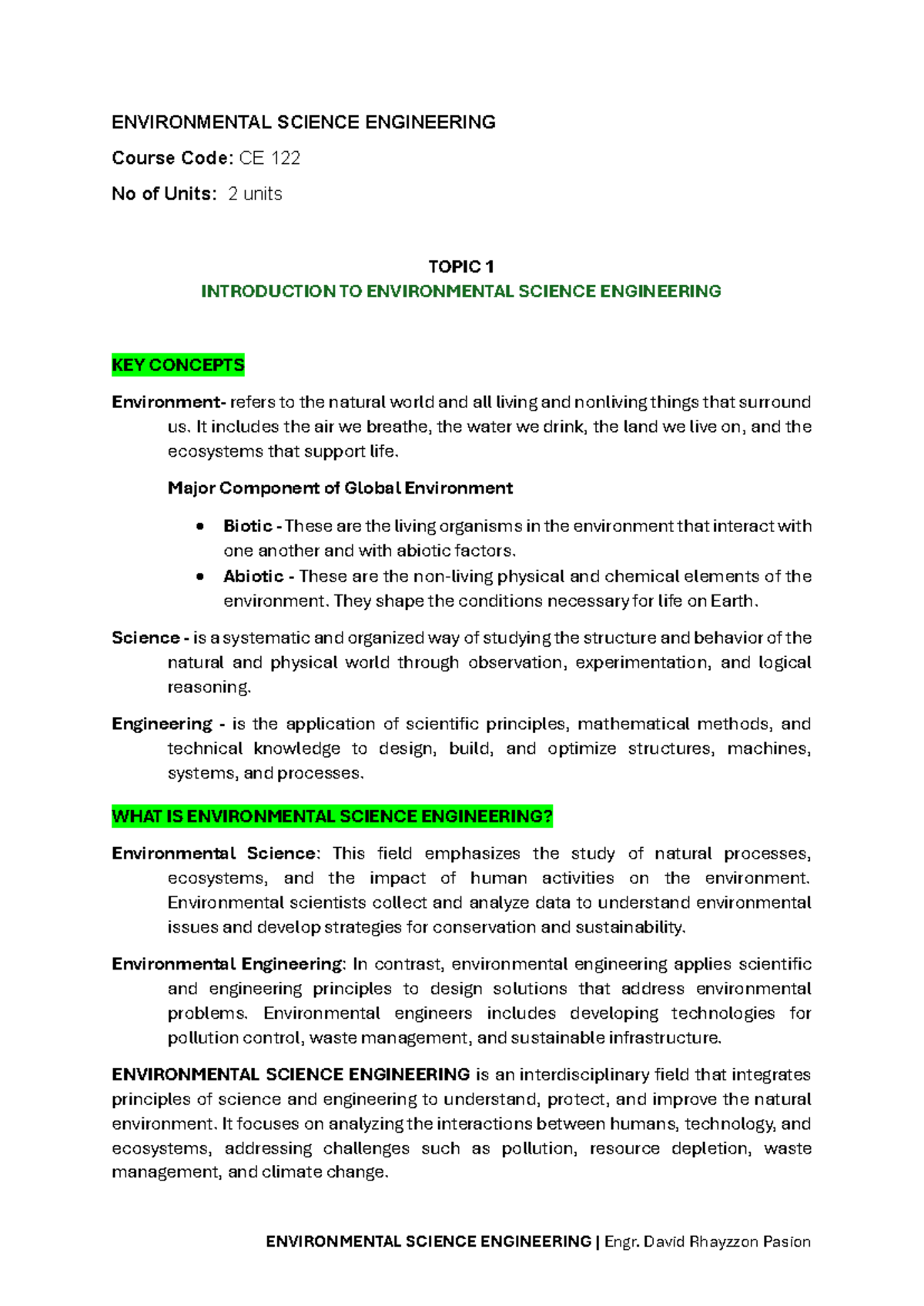 CE 122 Module 1: Introduction to Environmental Science Engineering ...