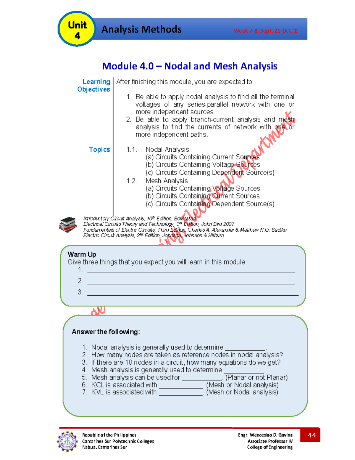 Module 4.0: Nodal and Mesh Analysis Techniques (Week 7-8) - Studocu