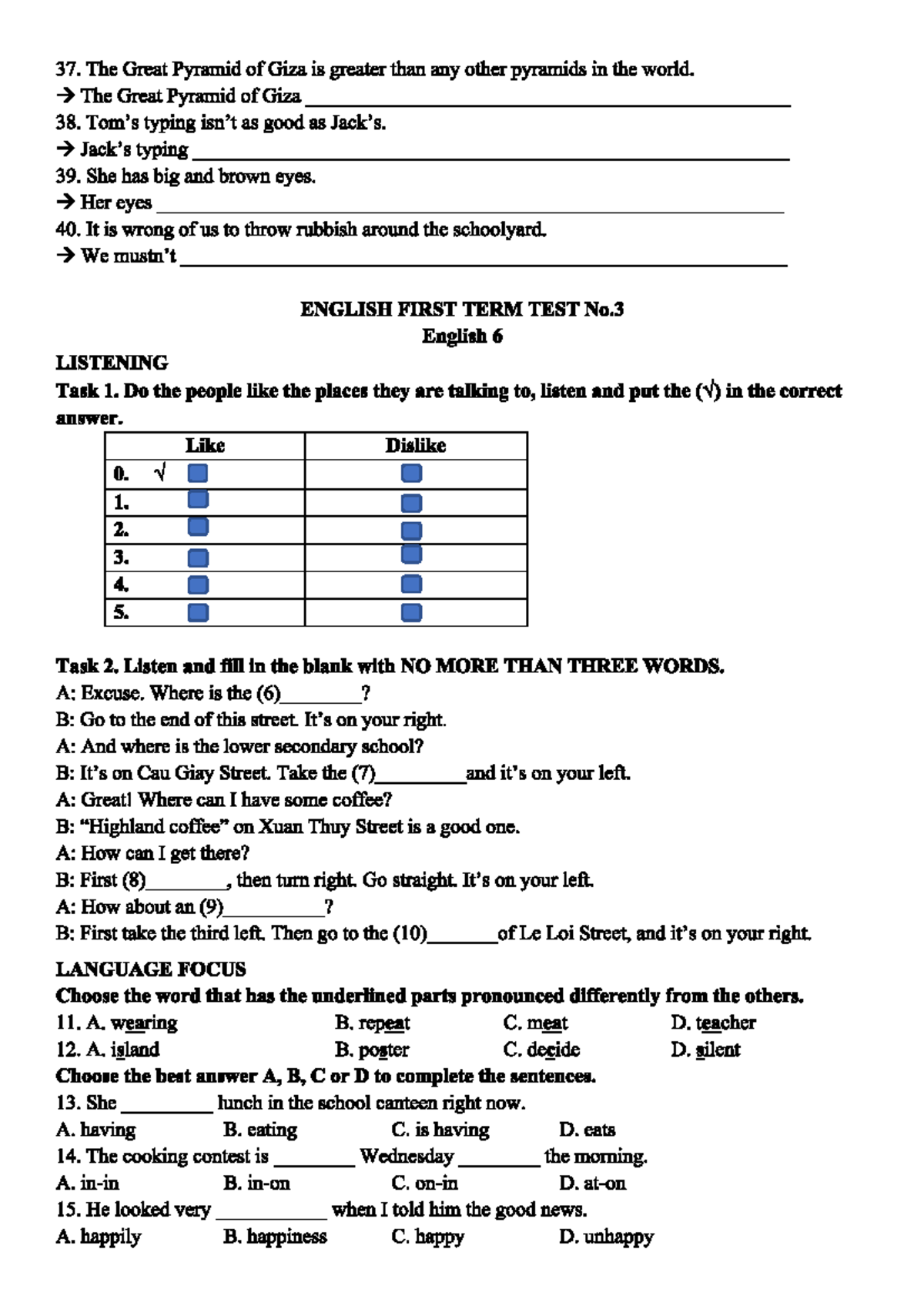 ENGLISH FIRST TERM TEST No.6 English 6 - Listening and Language Focus ...