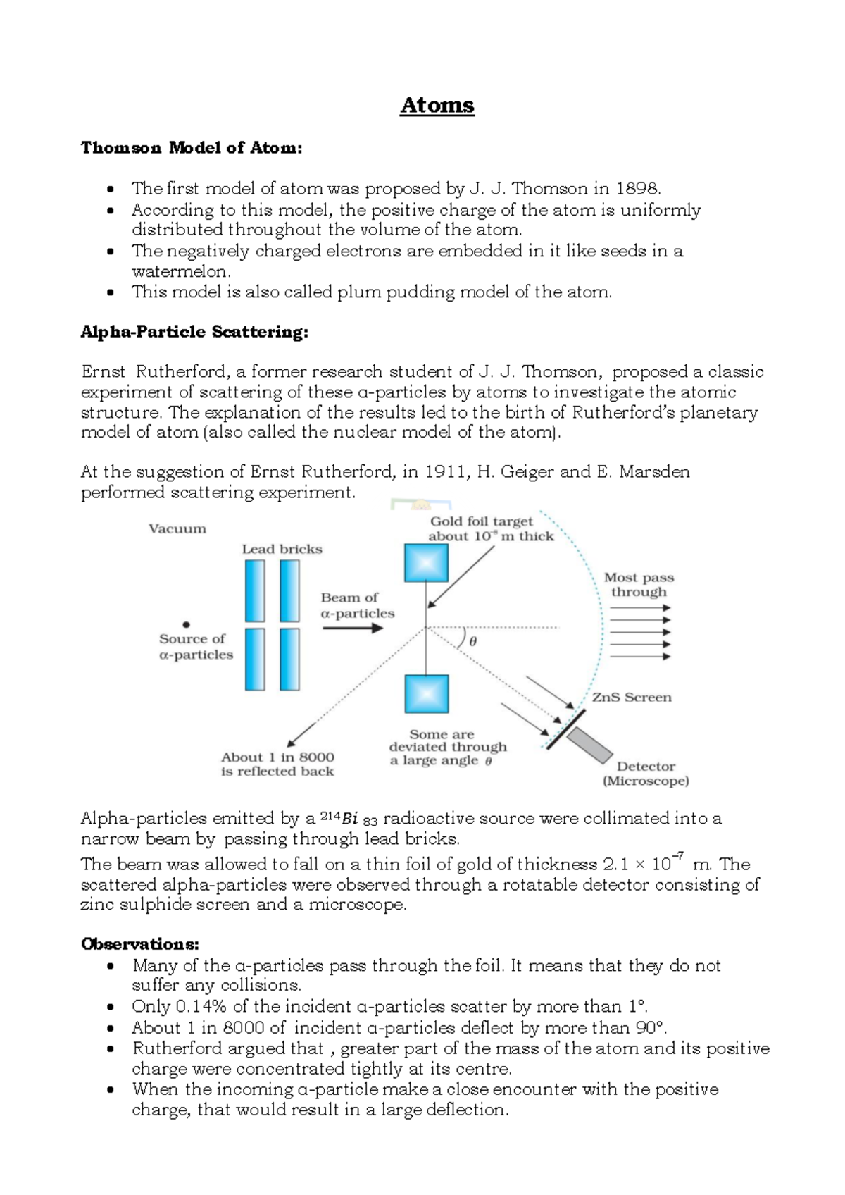 Atoms - Class 12: Thomson and Bohr Models of the Atom Explained - Studocu
