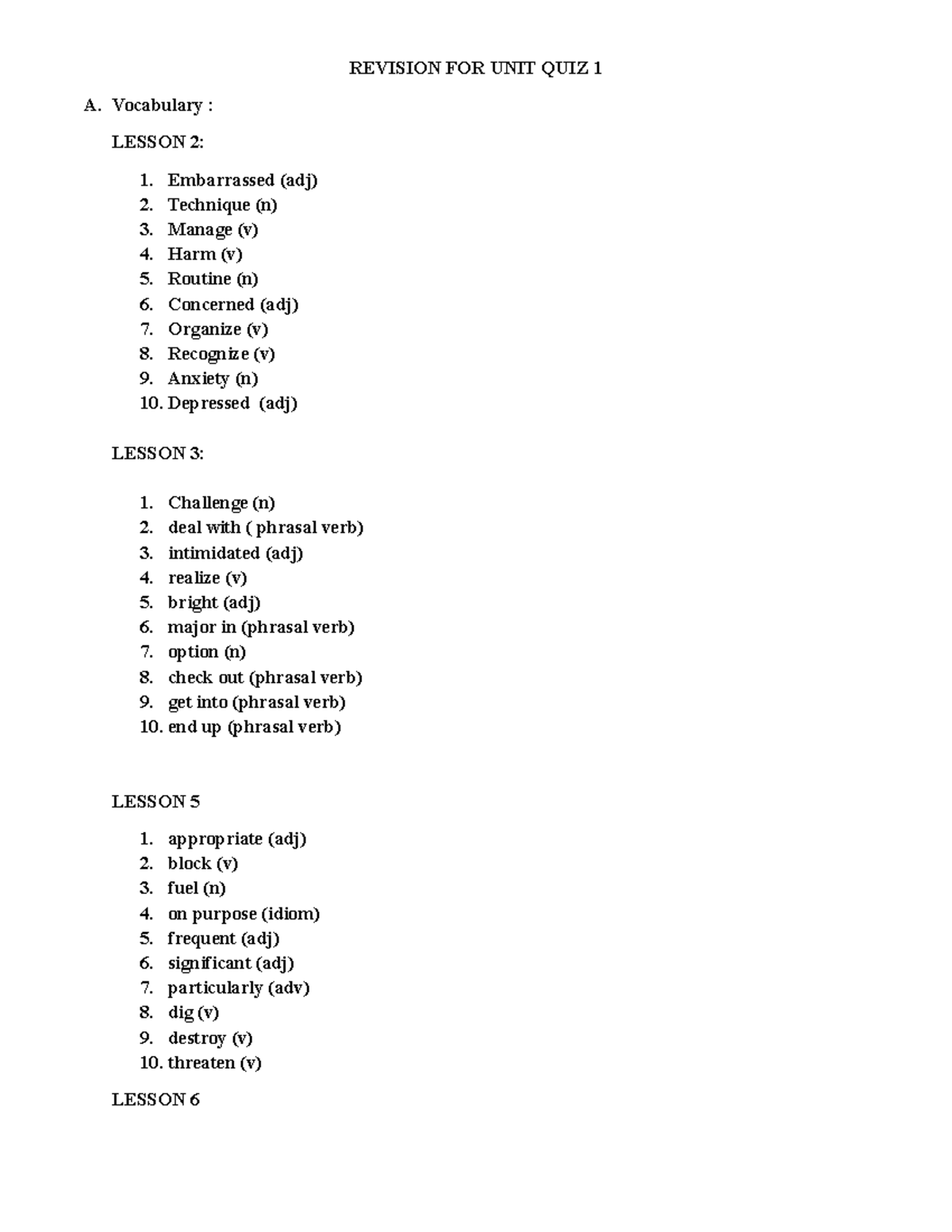 Revision for Unit Quiz 1: Vocabulary & Grammar Practice - Studocu
