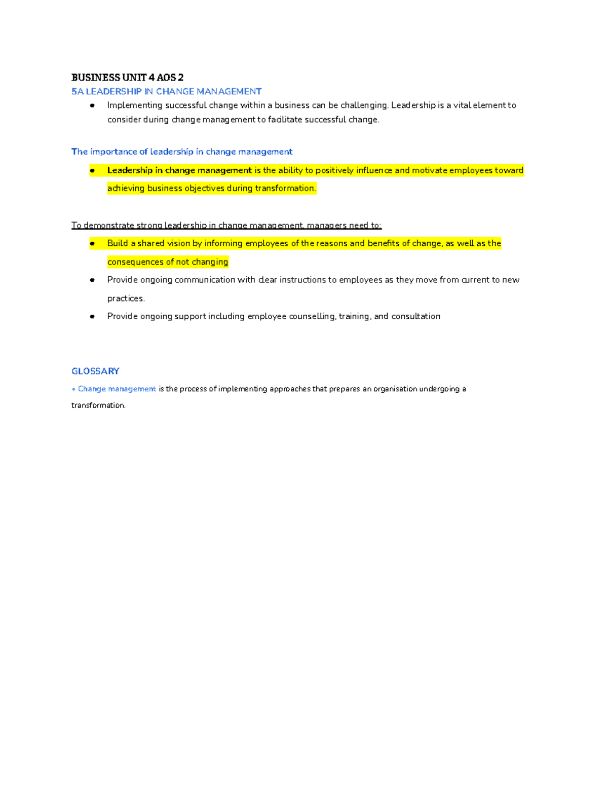 Business UNIT 4 AOS 2: Leadership, Change Management & KPIs Strategies ...