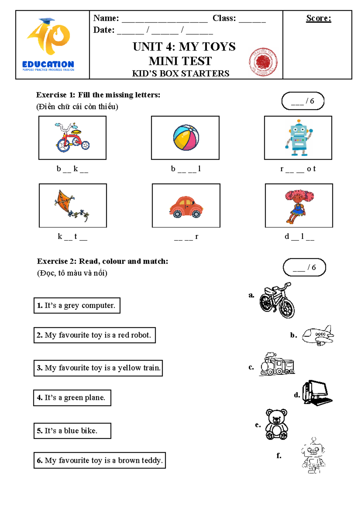 1E1 Mini Test: Unit 4 - My Toys (Kid's Box Starters) - Studocu