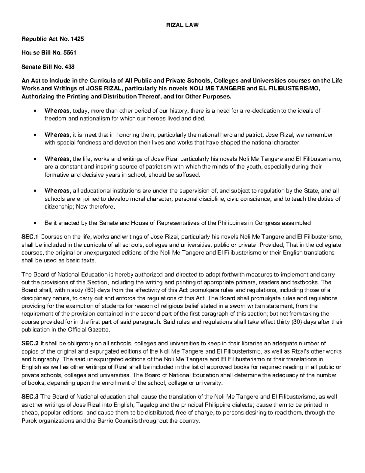 WHO WERE THE Senators Against IN Publishing Rizal BOOK - R. 1425 JOSE ...