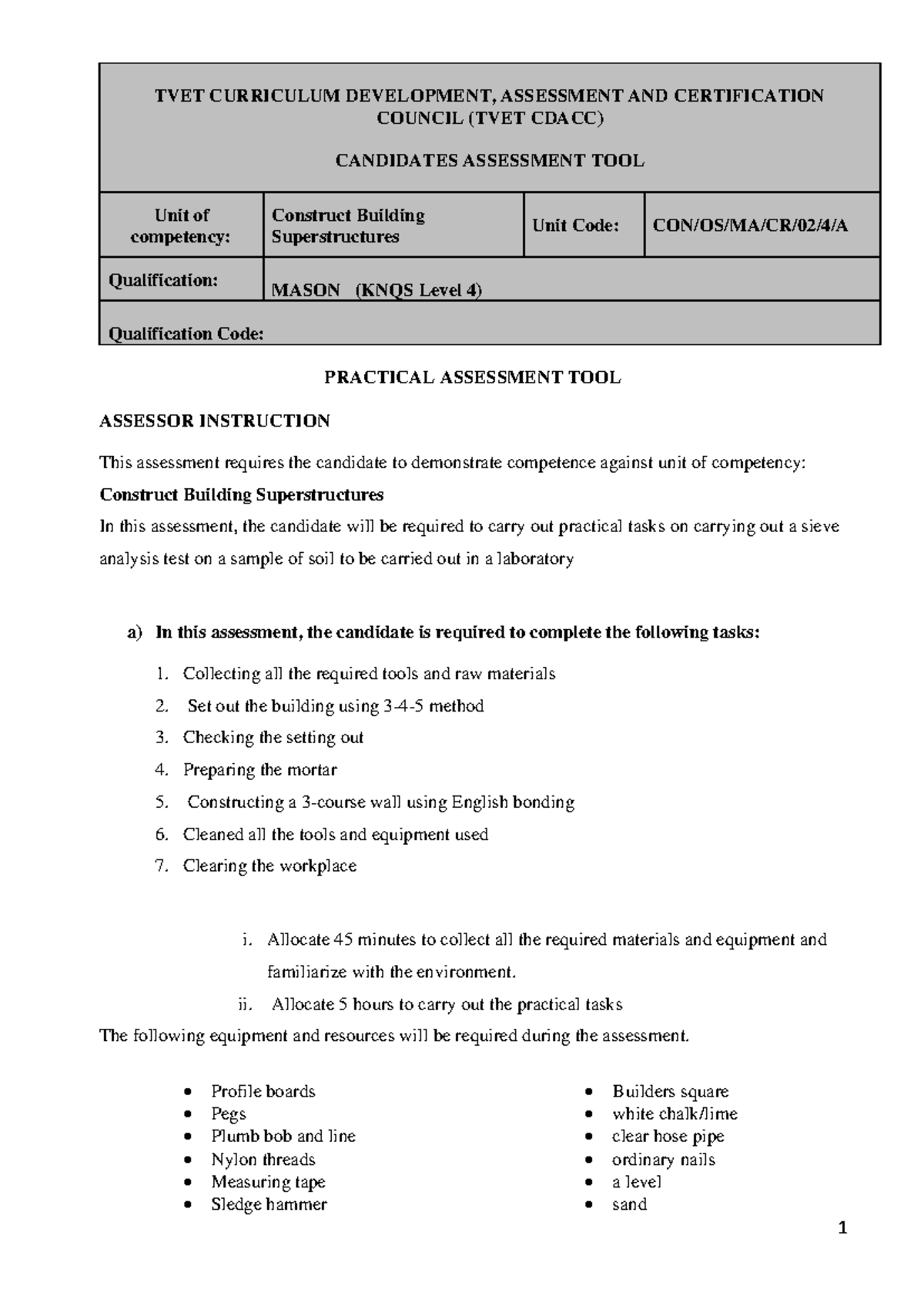 Masonry Practical Paper - 1 TVET CURRICULUM DEVELOPMENT, ASSESSMENT AND ...