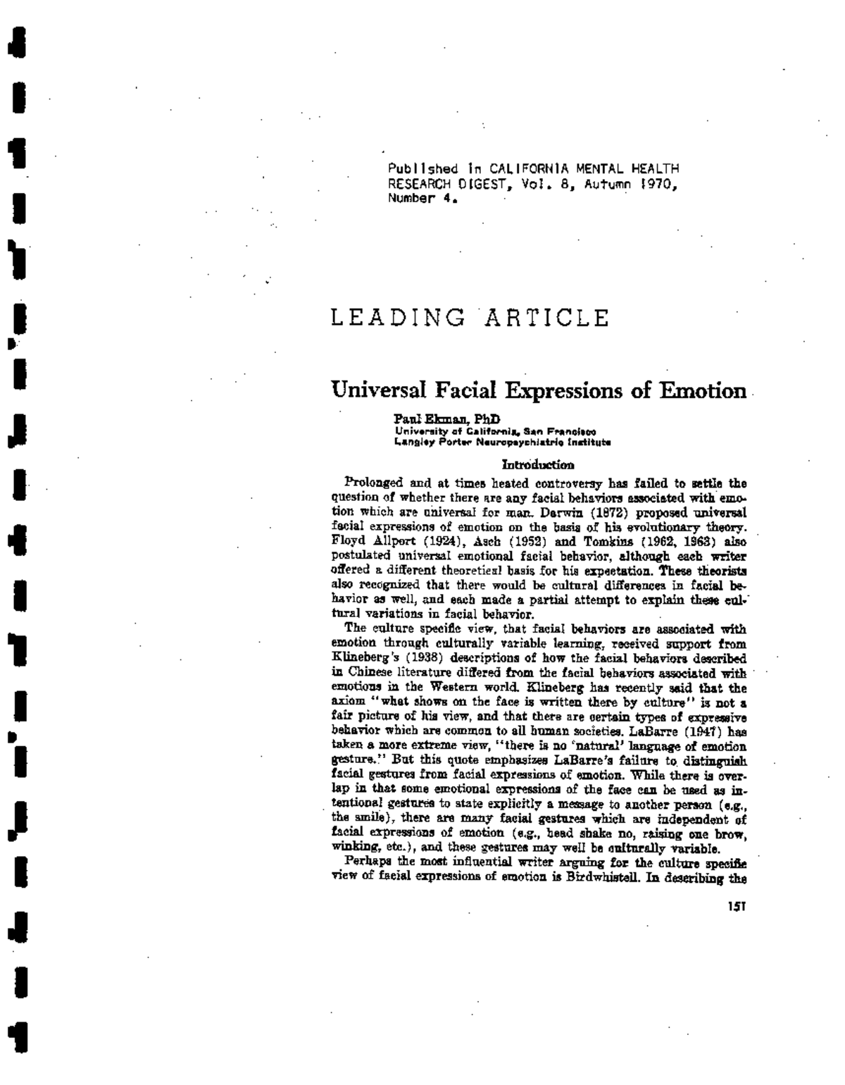 Universal Facial Expressions of Emotions: Insights from Ekman - Studocu