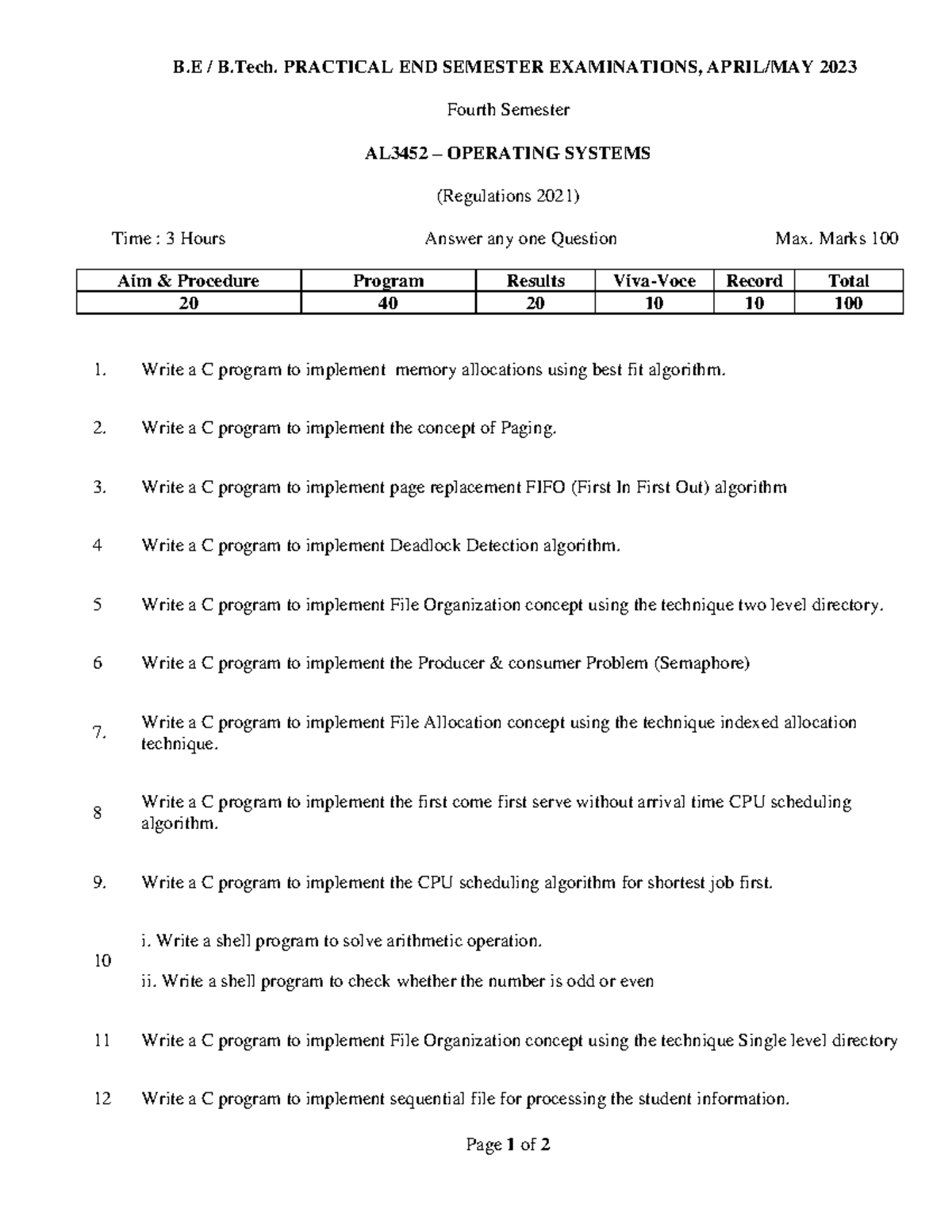 AL3452 SET2 - Lab Questions for Operating Systems End Exam 2023 - Studocu