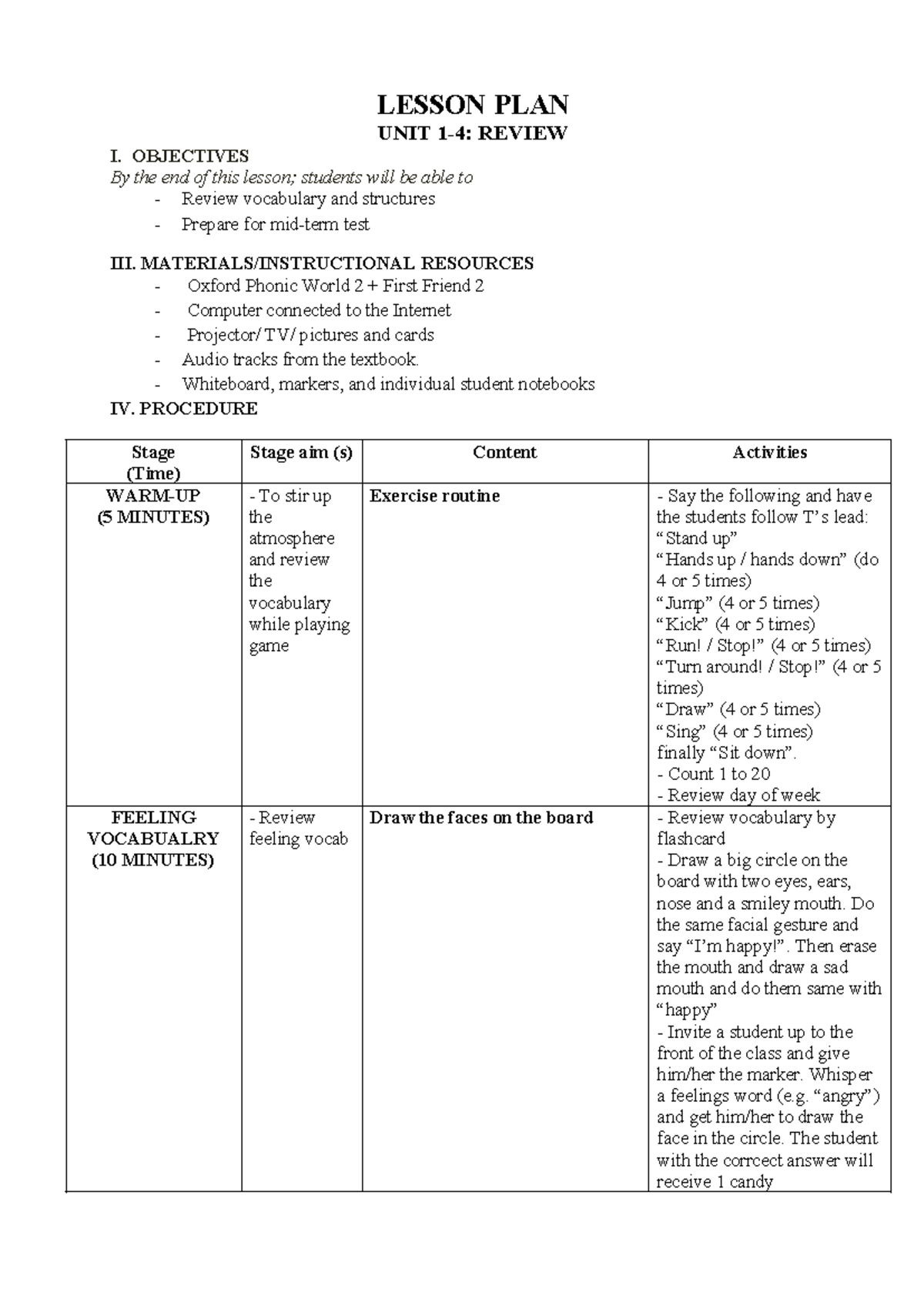 Pre 2 - Review - Lesson Plan for Vocabulary & Structures - Studocu