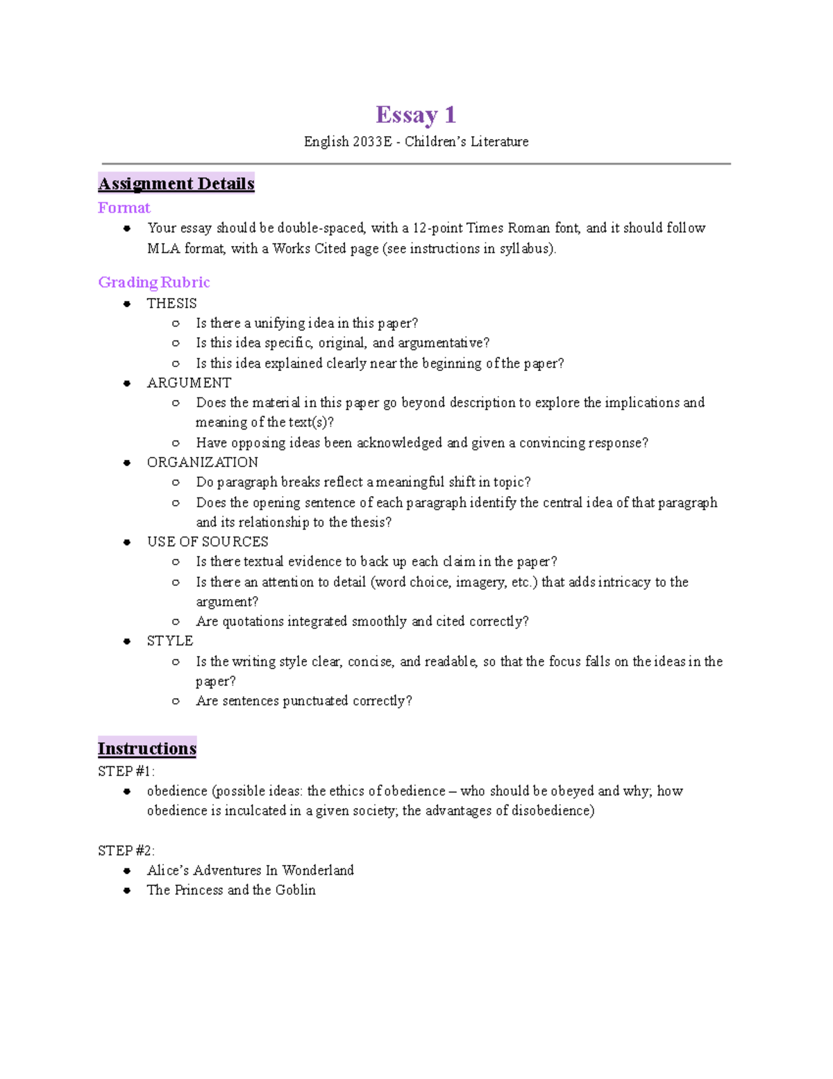 Essay 1 Guidelines for English 2033E Literature Assignment - Studocu