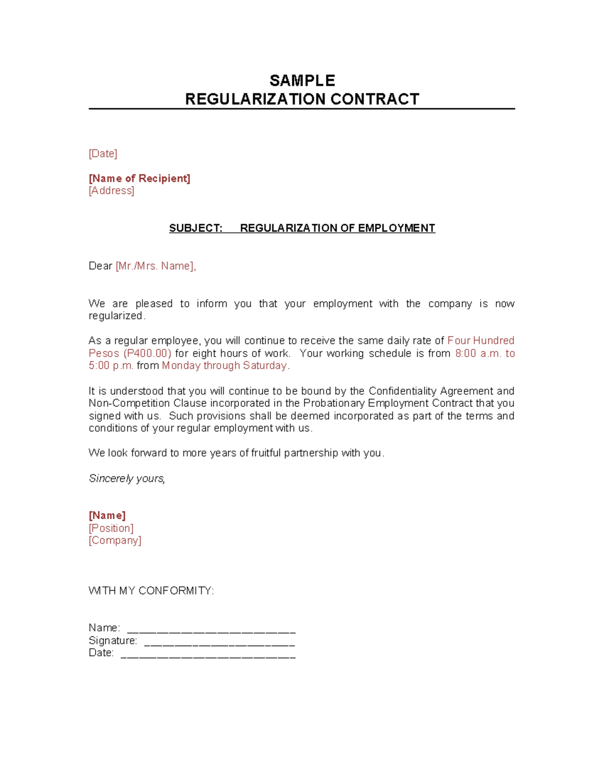 C0007 Regularization Contract Template without Salary Increase - Studocu