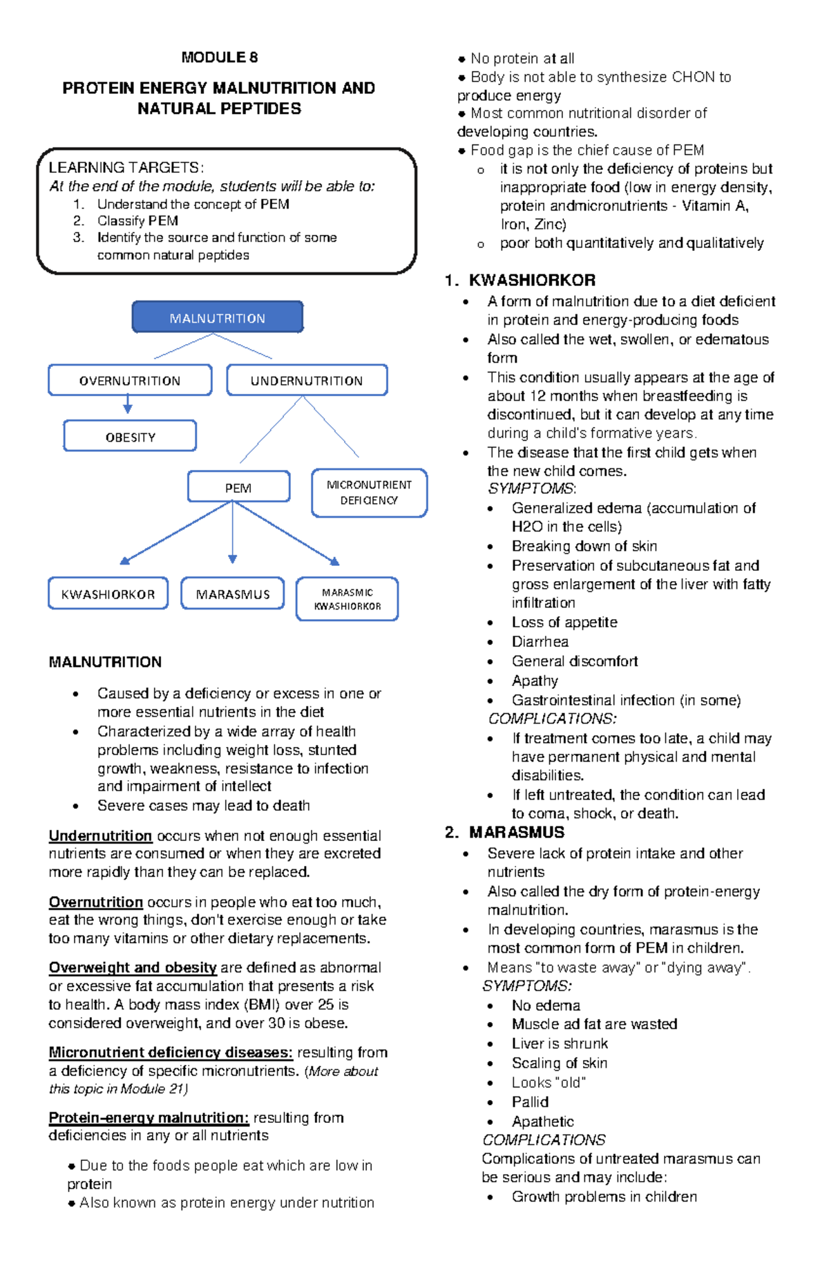Module 8 - Protein Energy Malnutrition & Natural Peptides Notes - Studocu