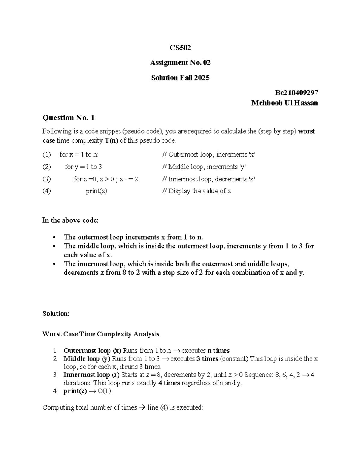 CS502 Assignment 02 Solutions: Time Complexity Analysis Fall 2025 - Studocu