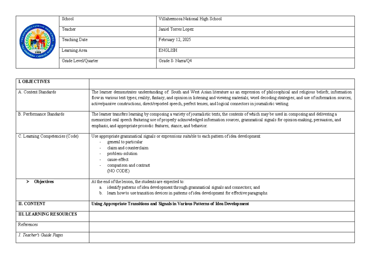 LP 8 Q4 M1 Narra - This is a lesson plan for English Grade 8 - School ...