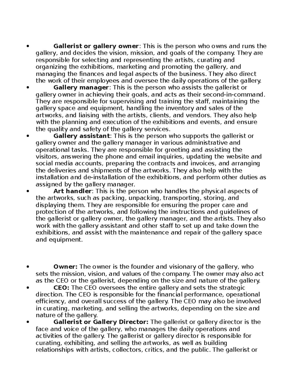 Course ART101: Understanding Organization Structure in Galleries - Studocu