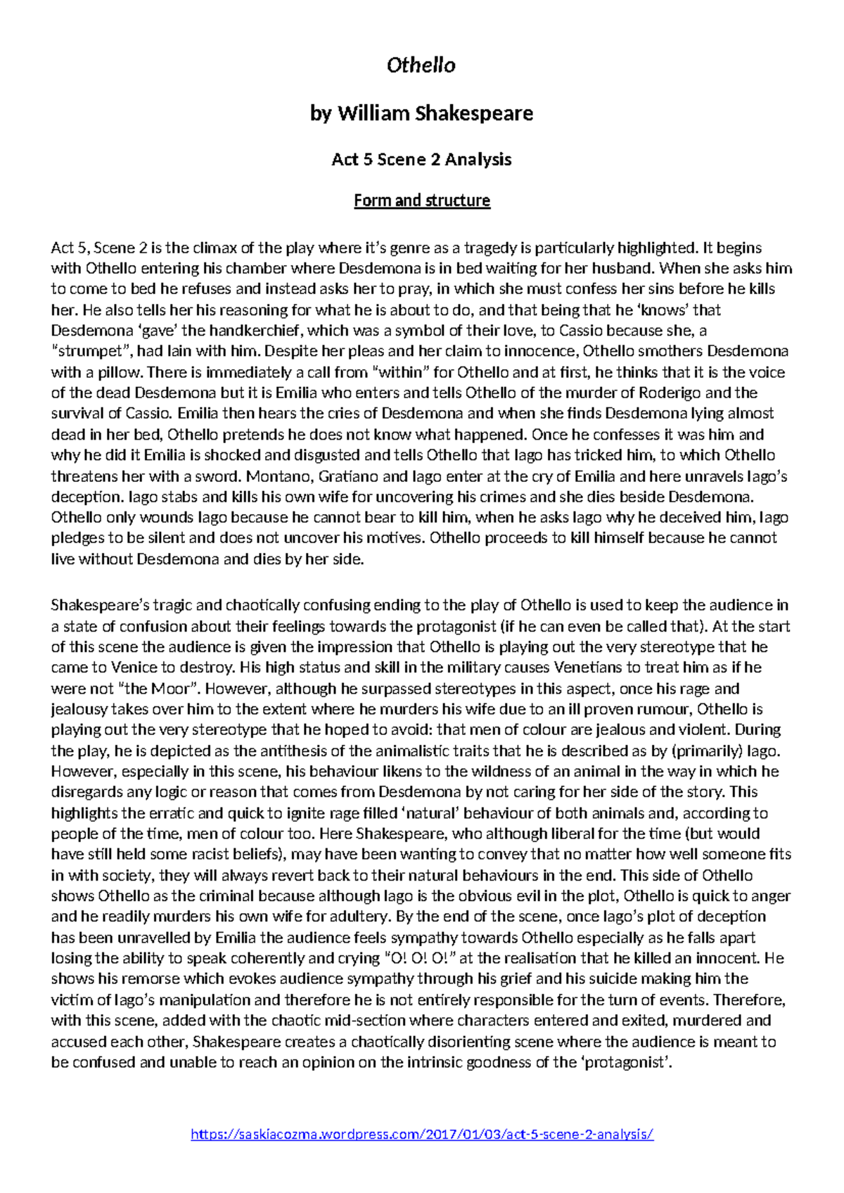 Othello (ENG 101) Act 5 Scene 2: Tragic Climax and Character Analysis ...