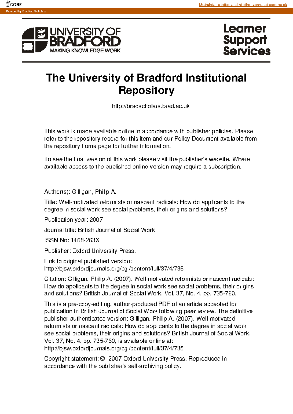 CORE SW 2007: Reformists or Nascent Radicals in Social Work ...