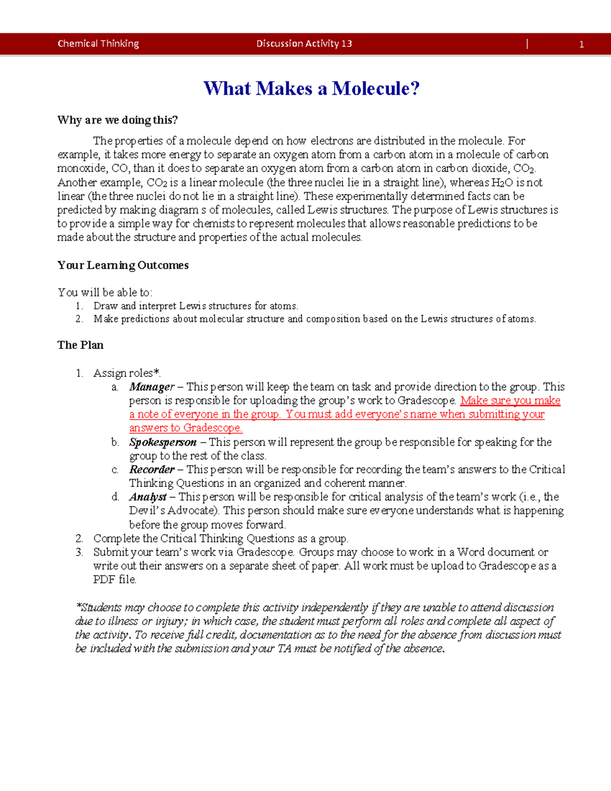 Chemical Thinking Discussion Activity 13: Molecule Properties - Studocu