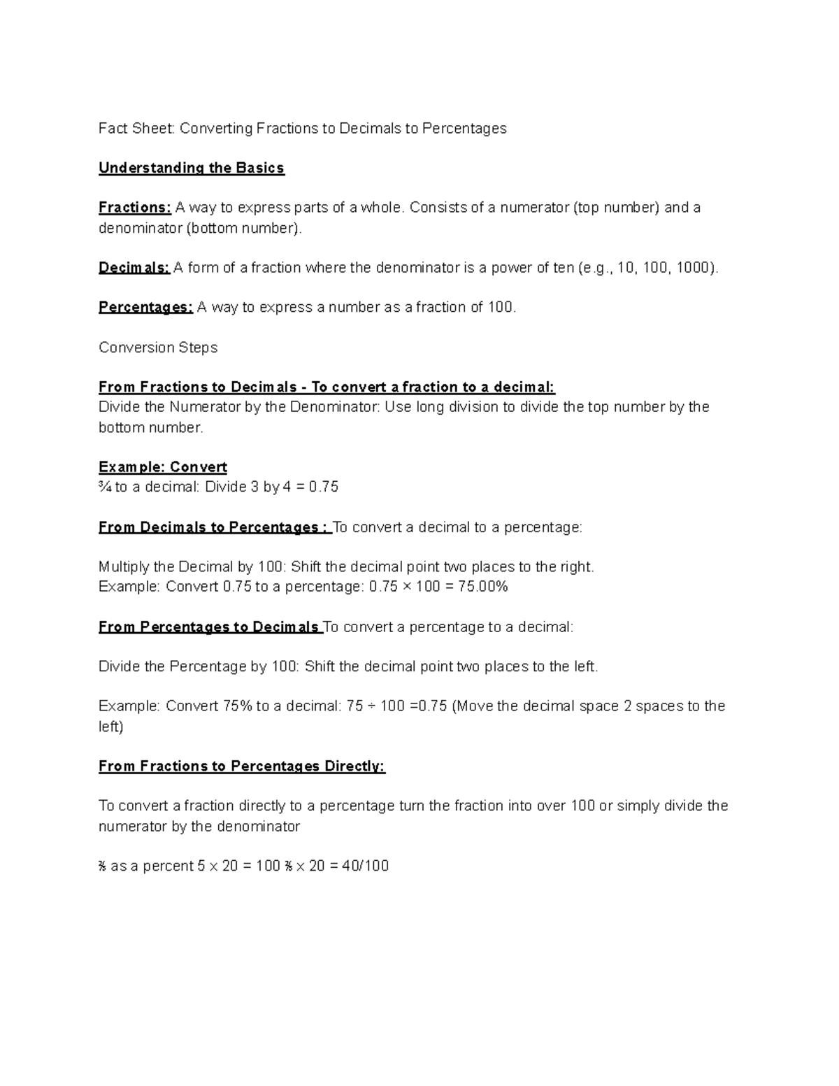 Fact Sheet: Converting Fractions, Decimals & Percentages - Studocu