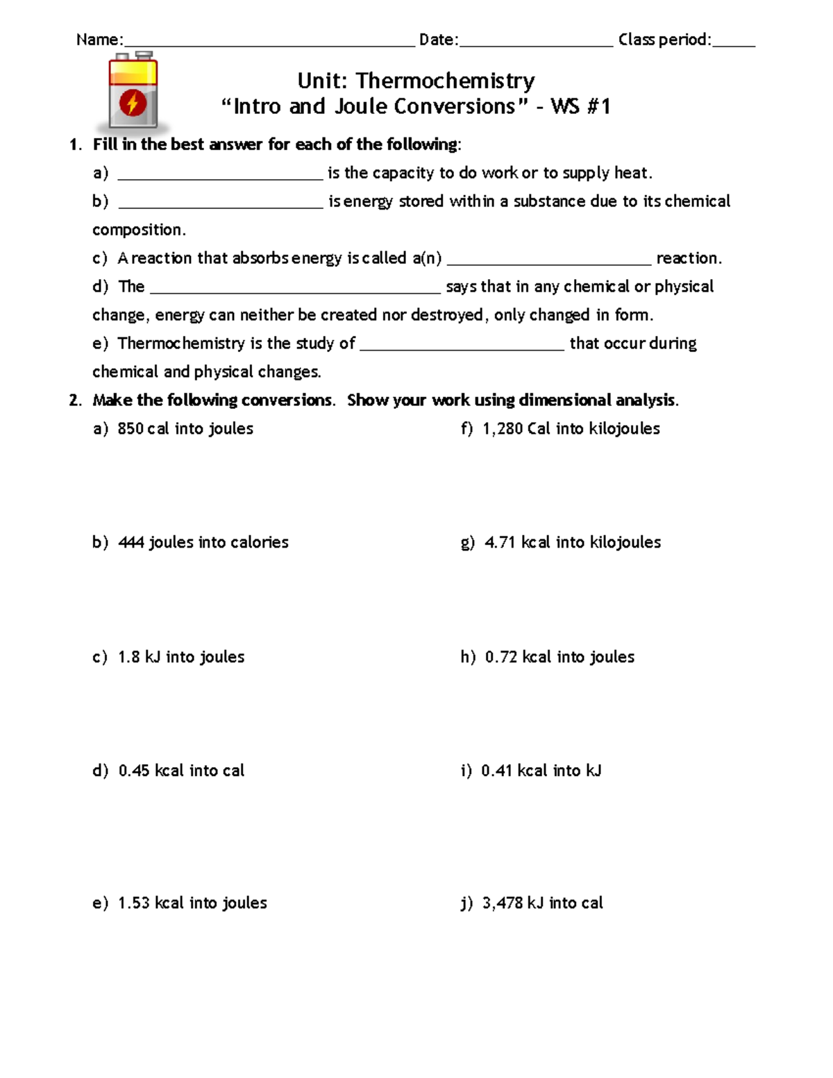 WS1 - Chemistry homework - Name:__________________________________ Date