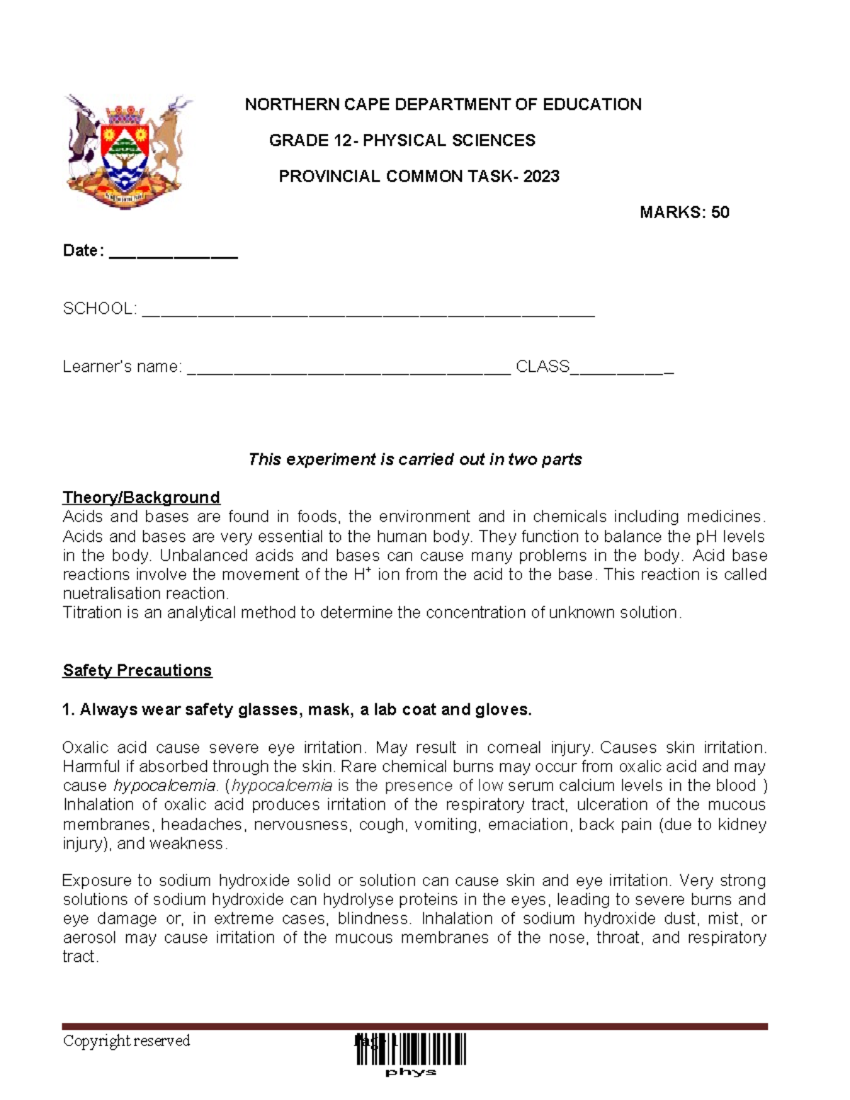 Titration Experiment: Oxalic Acid & Sodium Hydroxide - Grade 12 - 2023 ...
