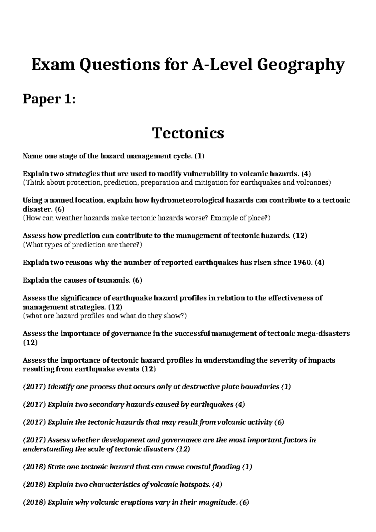 Geography Paper 1: Tectonics & Hydrology Past Exam Questions (2017-2018 ...