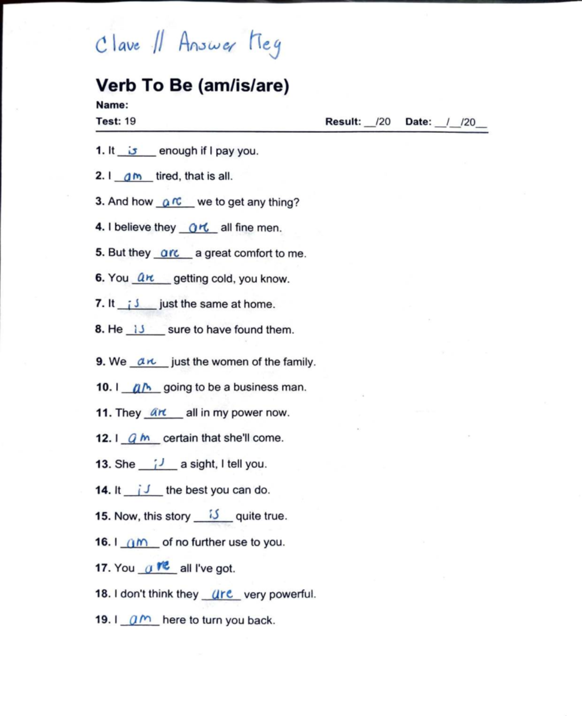 Verb To Be - Answer Key (Clave) for Test F1E_J - Studocu