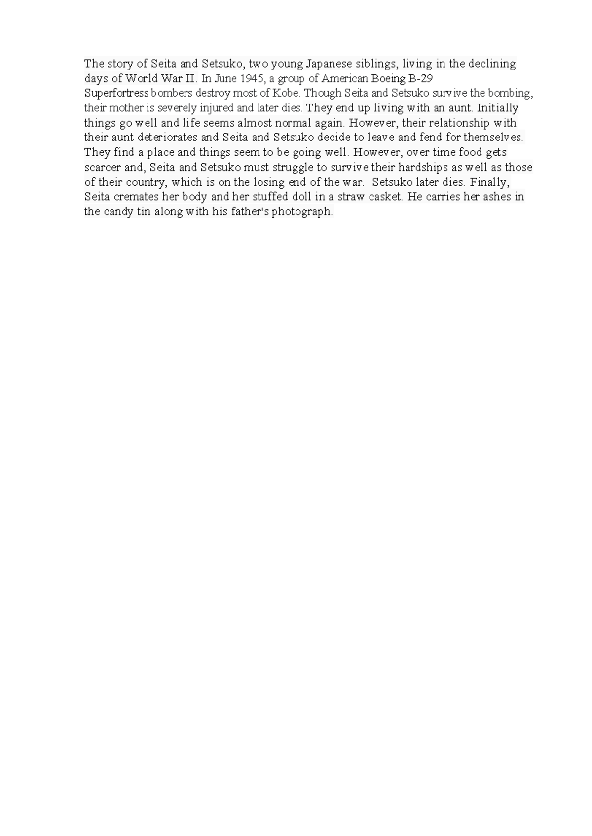 Grave of the Fireflies: Plot Summary and Analysis - Studocu
