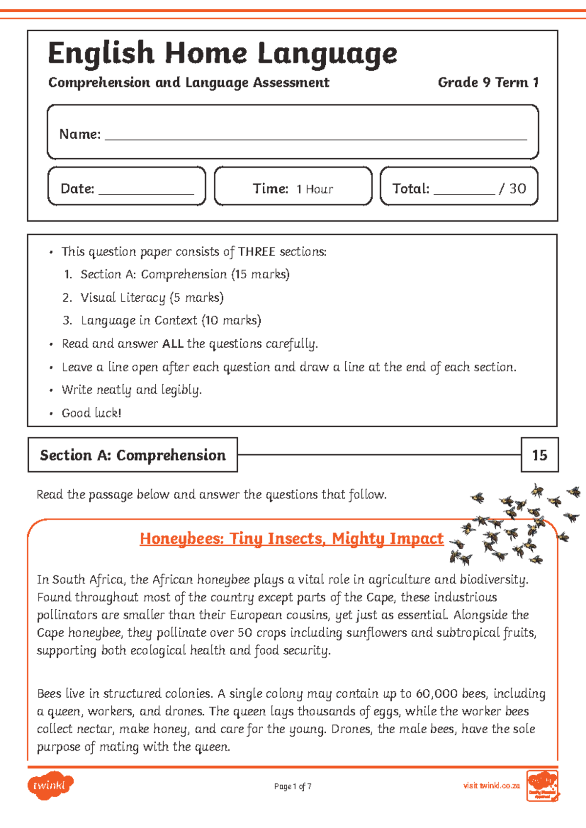 Grade 9 English Home Language: Comprehension & Language Assessment Term ...