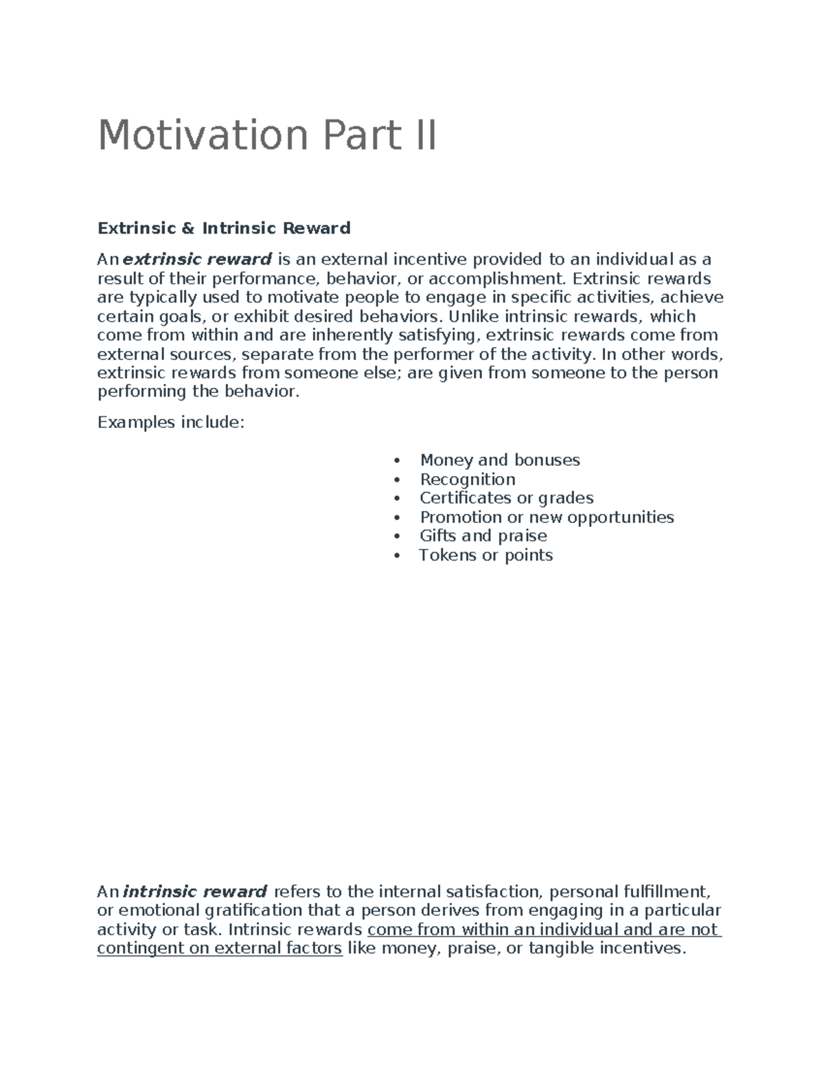 Motivation Part II: Exploring Extrinsic & Intrinsic Rewards - Notes ...
