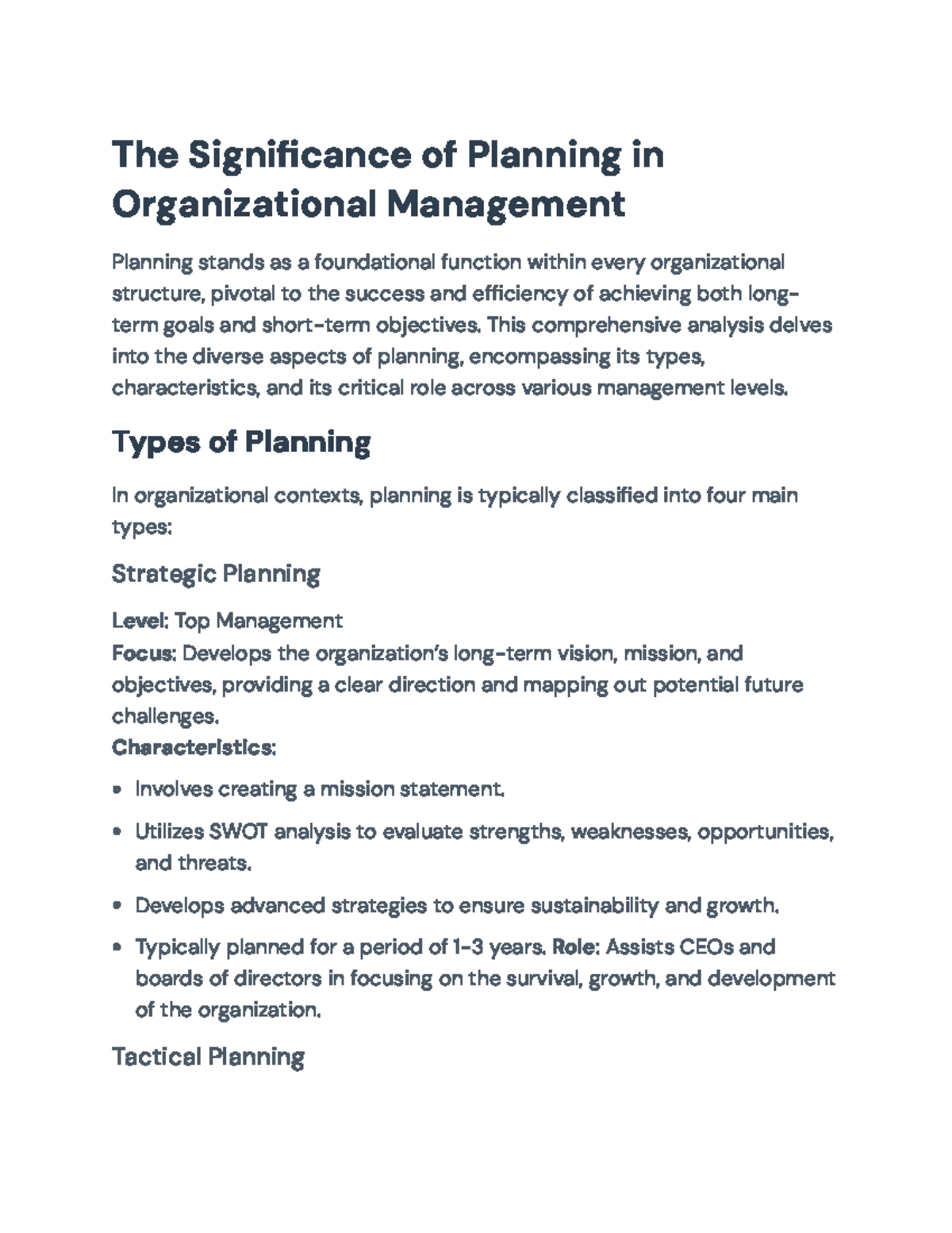 Planning in Organizational Management: Types, Importance, and ...