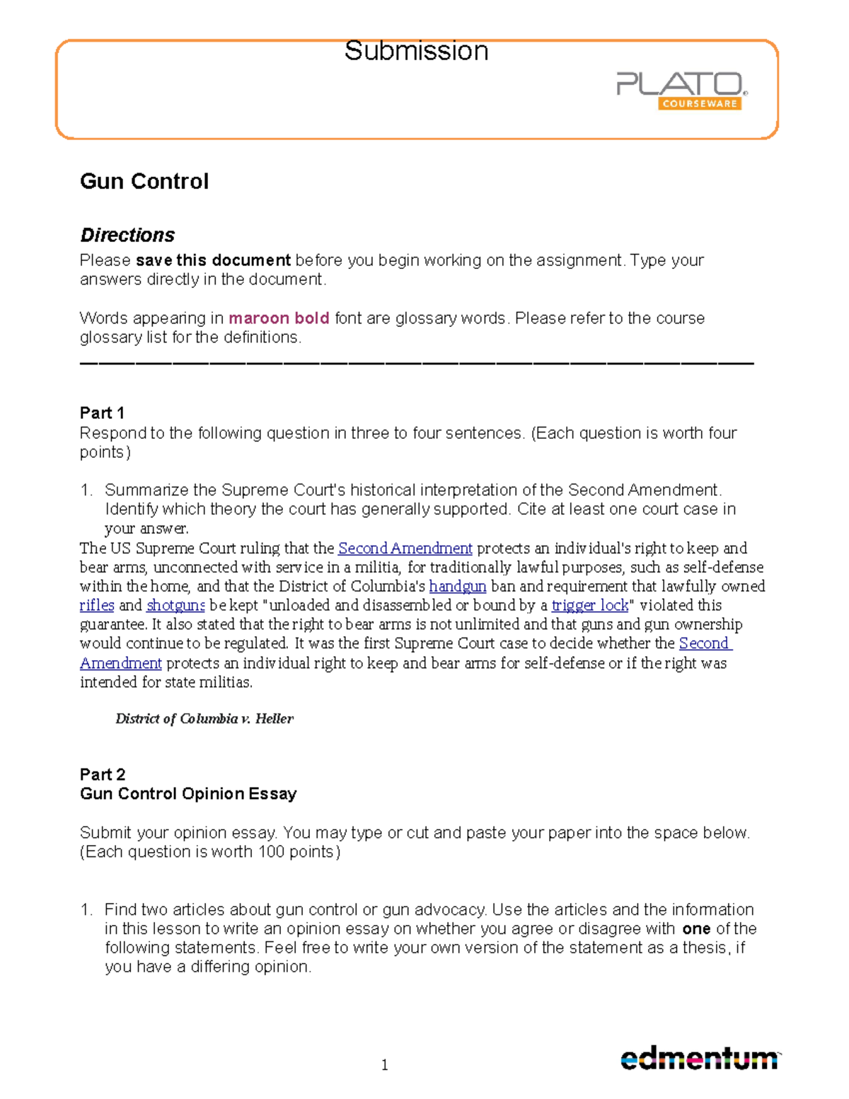 Gun Control - essay - Gun Control Directions Please save this document ...