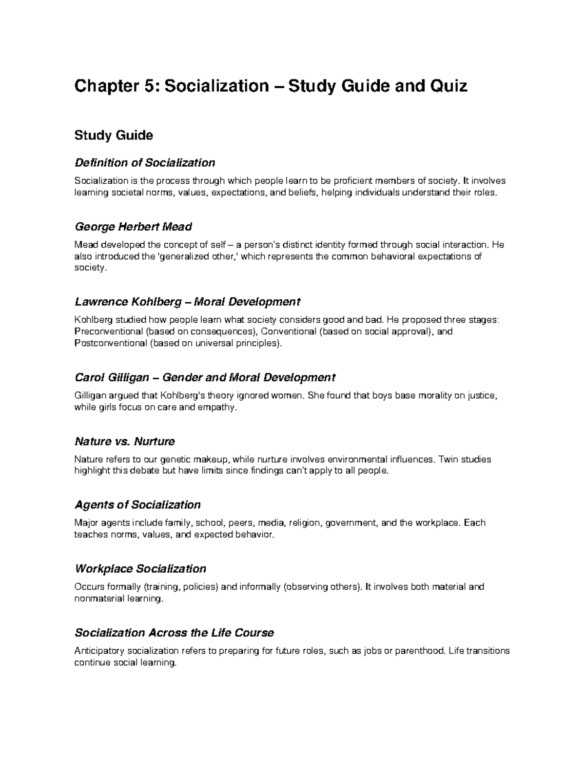 Chapter 5: Socialization Study Guide & Quiz Overview - Studocu