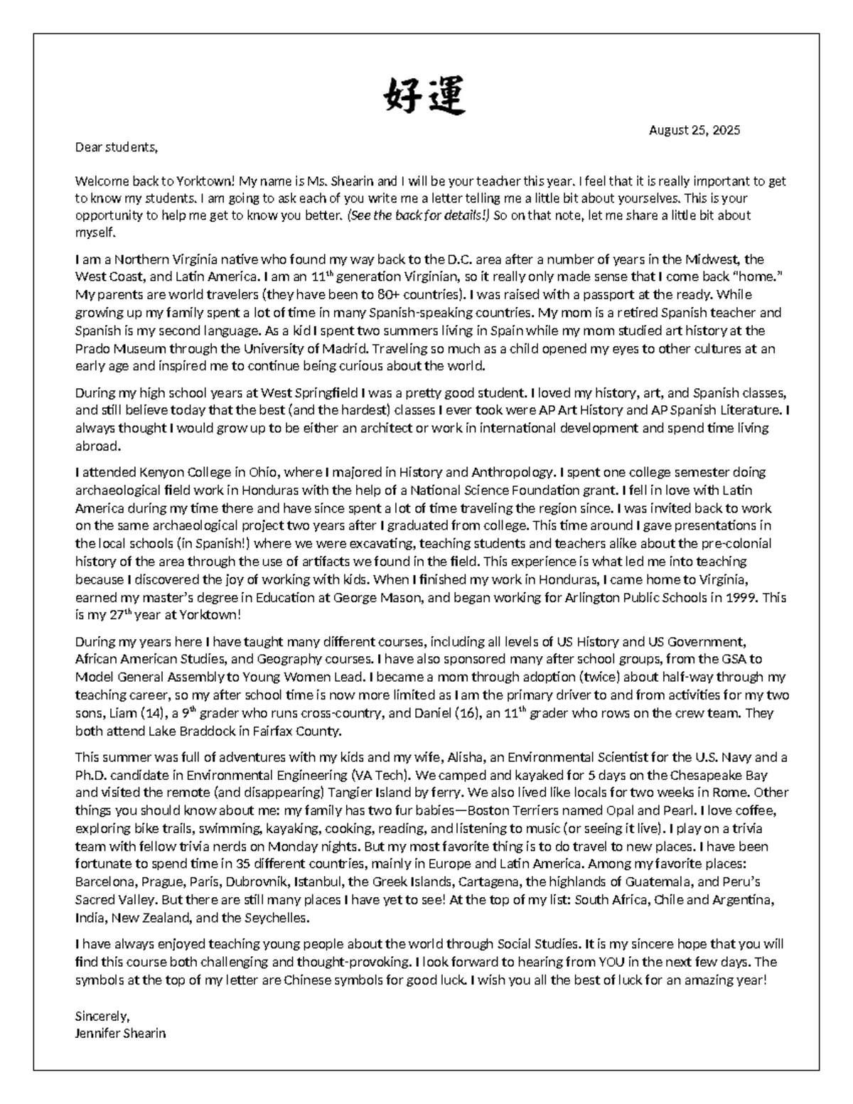 Dear Students: Welcome Letter from Ms. Shearin (2025) - Studocu