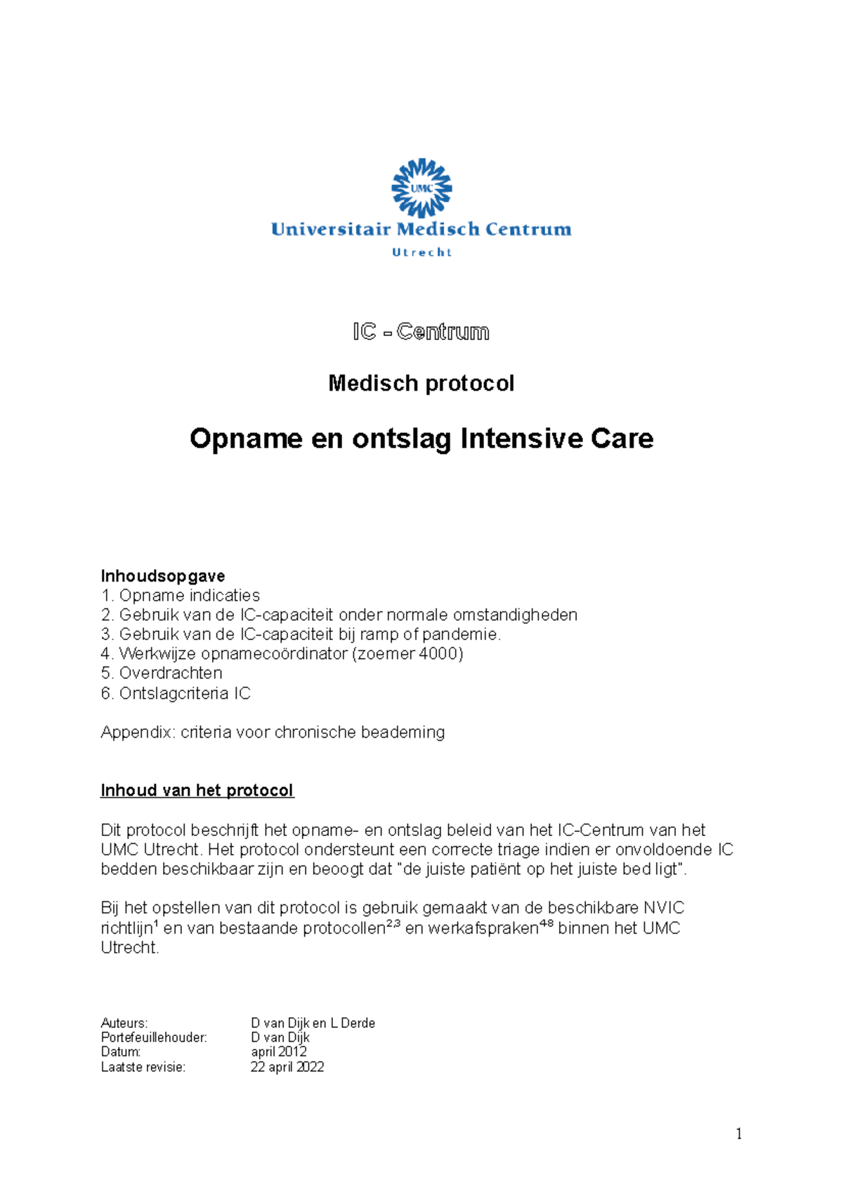 IC-Centrum Opname en Ontslagcriteria Protocol - UMC Utrecht - Studeersnel