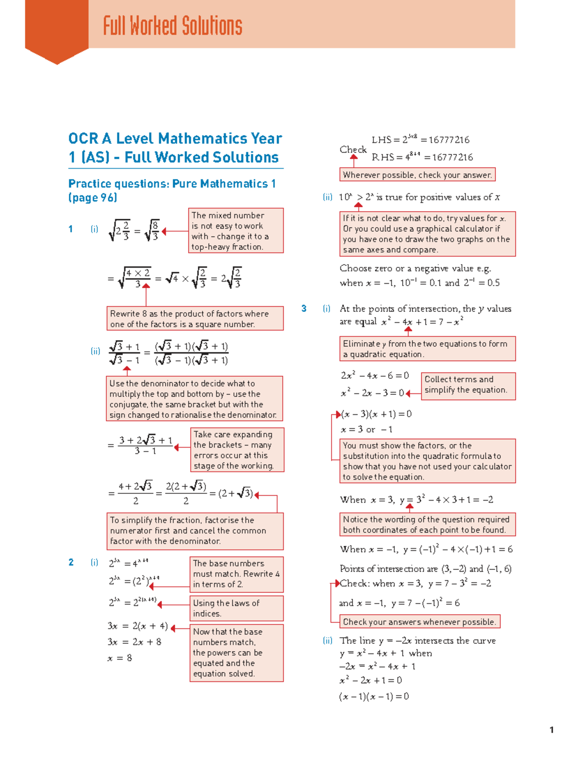 AS Level OCR Mathematics Year 1 (AS) Full Worked Solutions and Practice ...