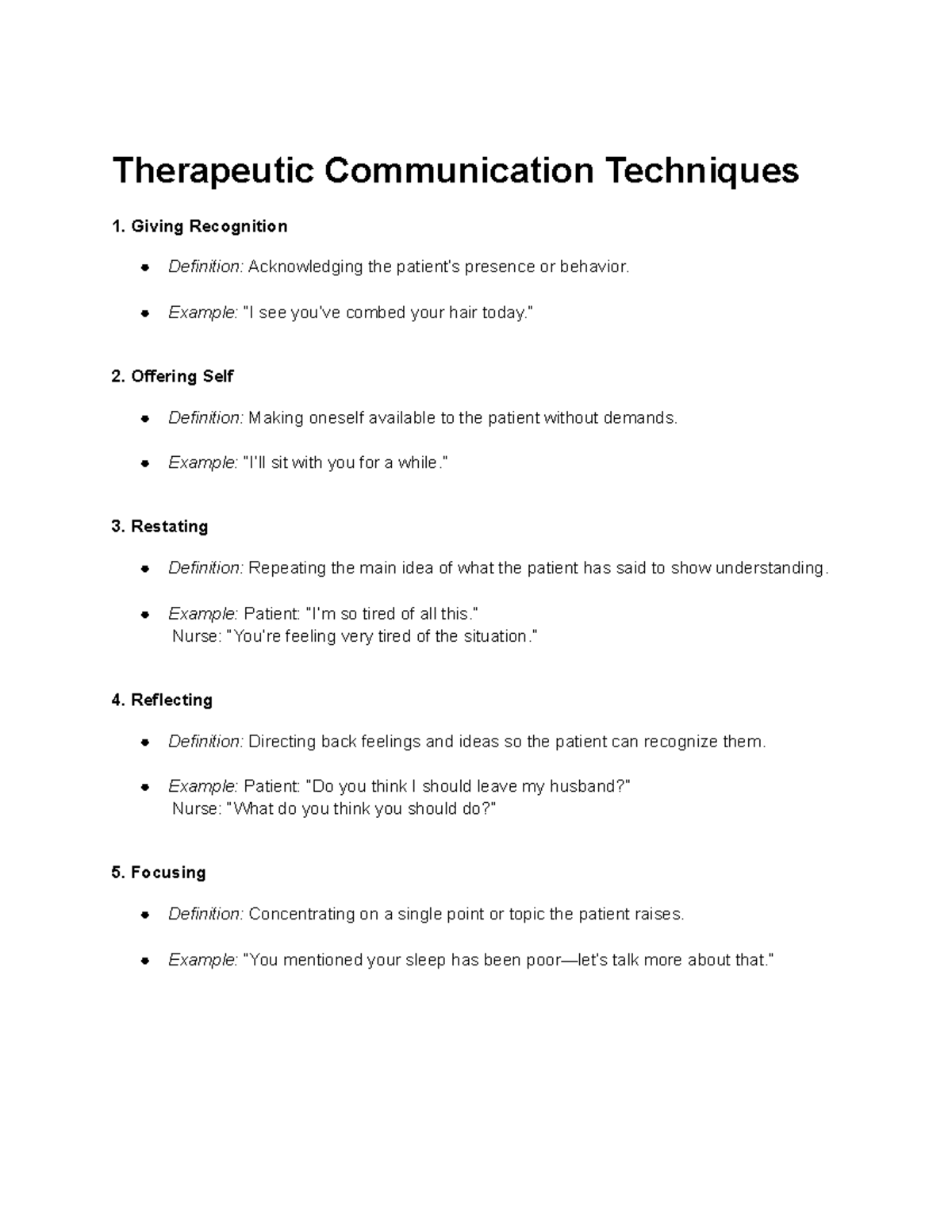 Therapeutic Communication Techniques: Definitions & Examples - Studocu