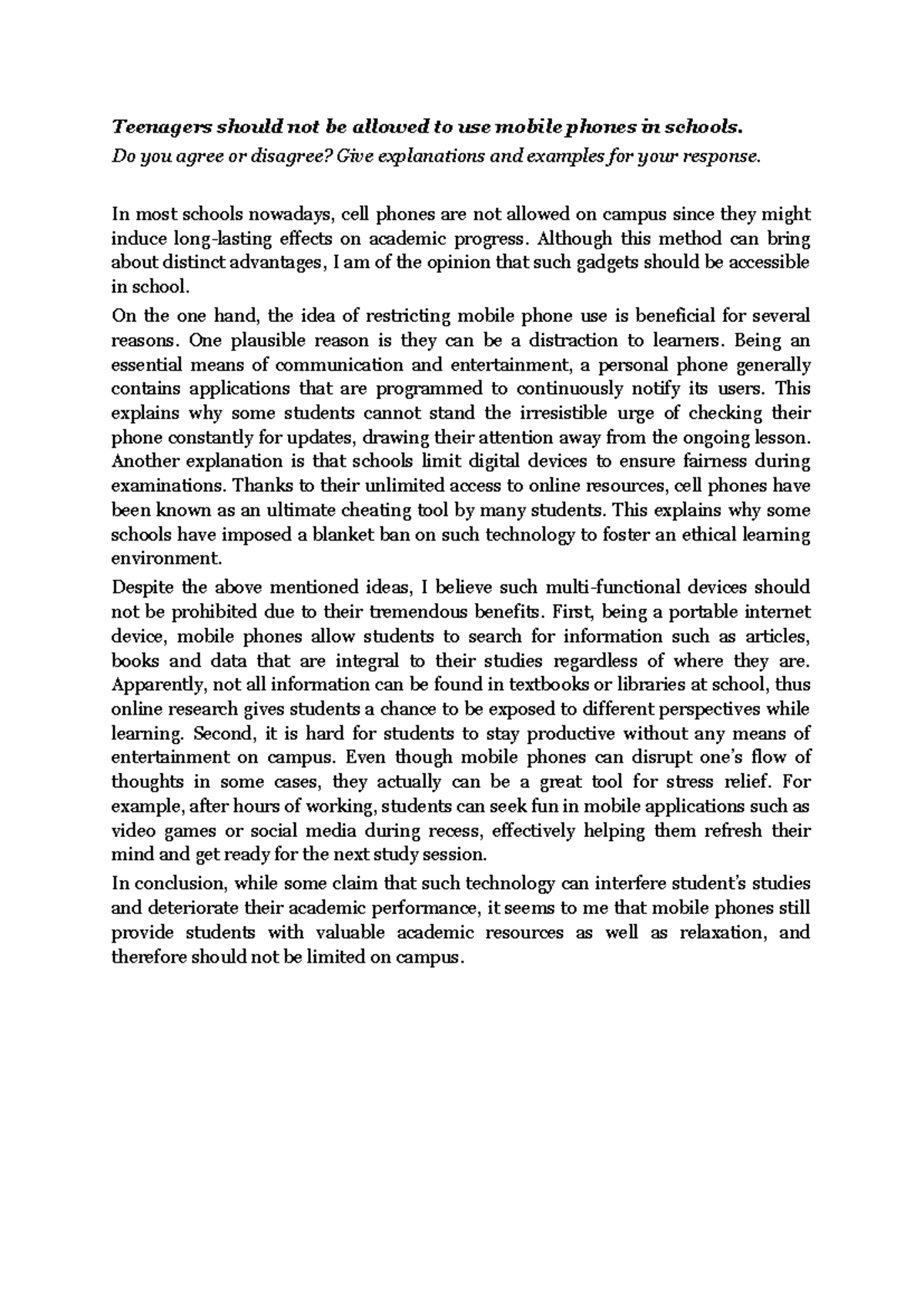 Sample Essay - Agree/Disagree: Mobile Phones in Schools - Studocu