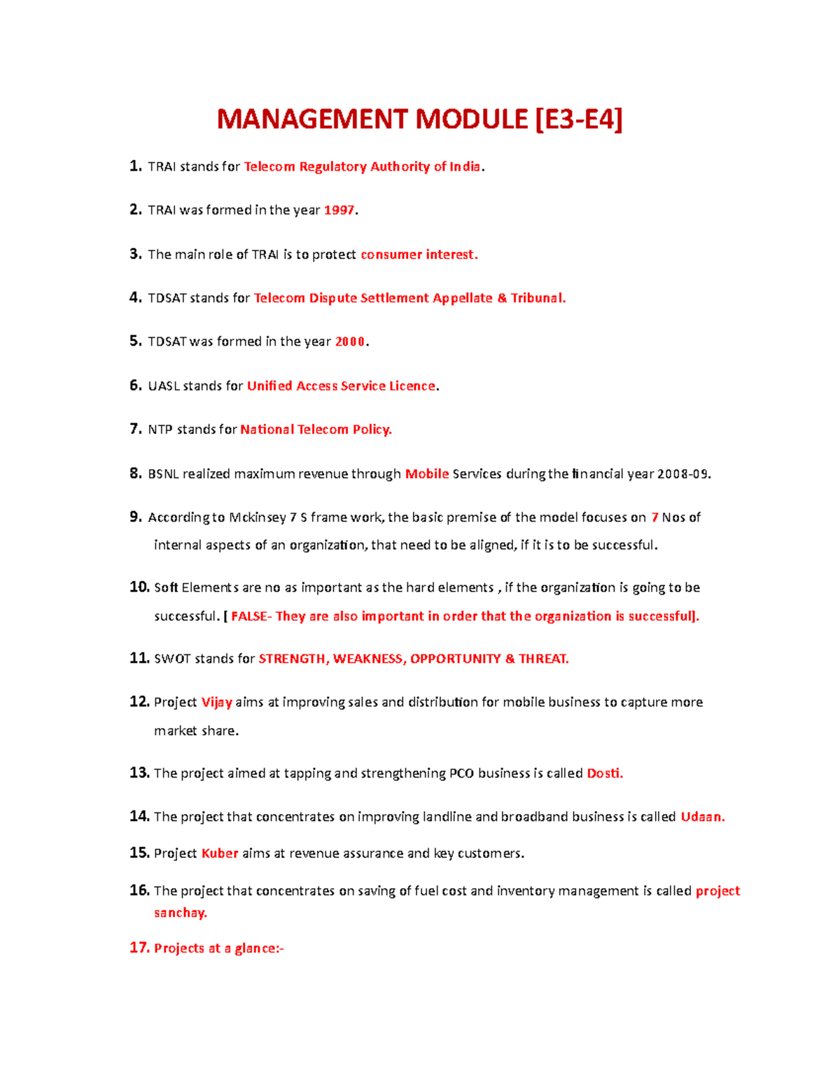 E3 to E4 Management Question Bank - MANAGEMENT MODULE [E3-E4] 1. TRAI ...