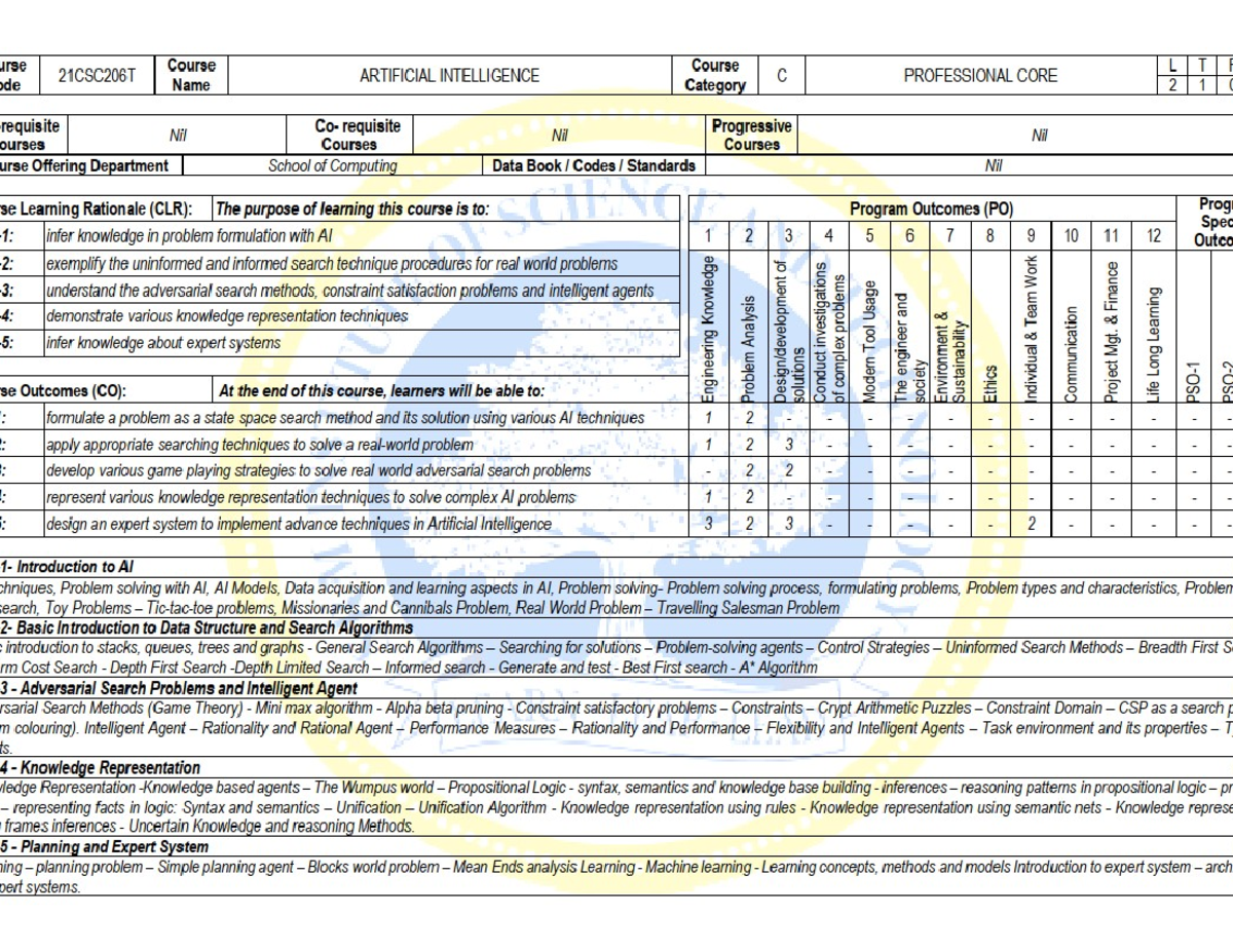 LTR 21CSC206T: AI Course Syllabus and Learning Outcomes - Studocu