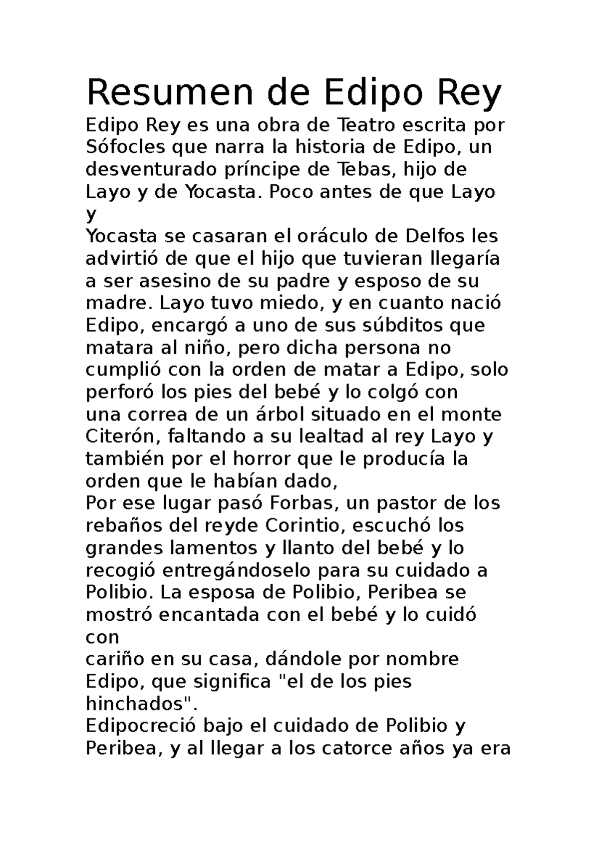 Resumen de Edipo Rey: Análisis de la Tragedia de Sófocles - Studocu
