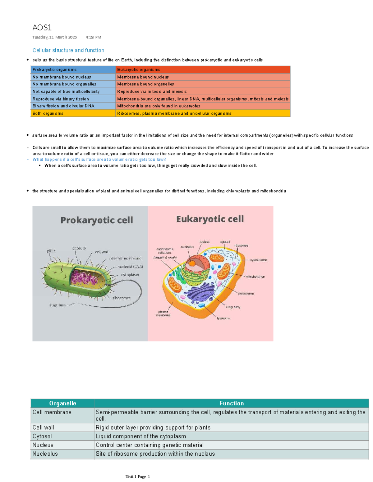 AOS1 Biology - Cellular Structure & Function Overview - Studocu