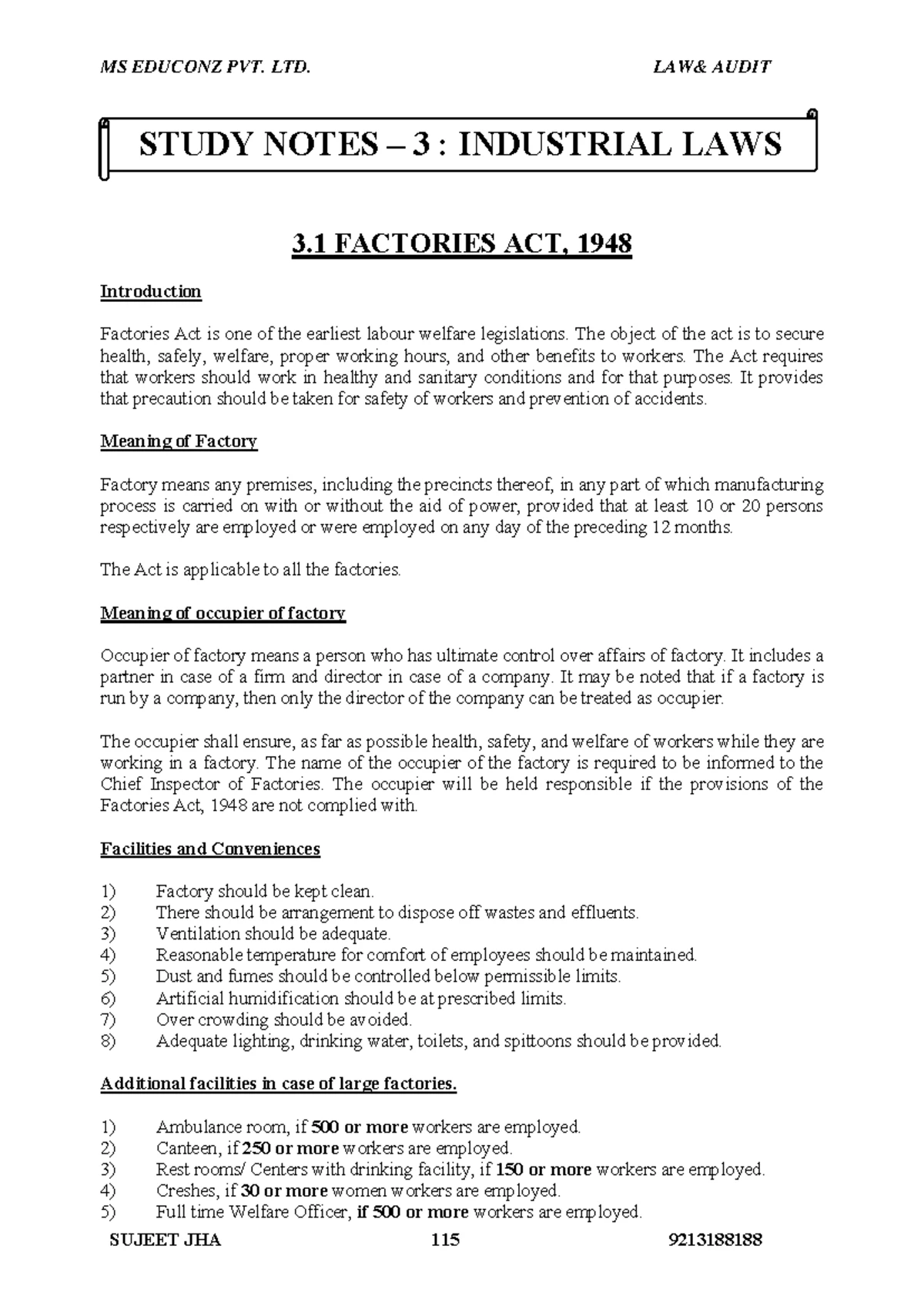 Factories act 1948 summary - STUDY NOTES – 3 : INDUSTRIAL LAWS 3 ...