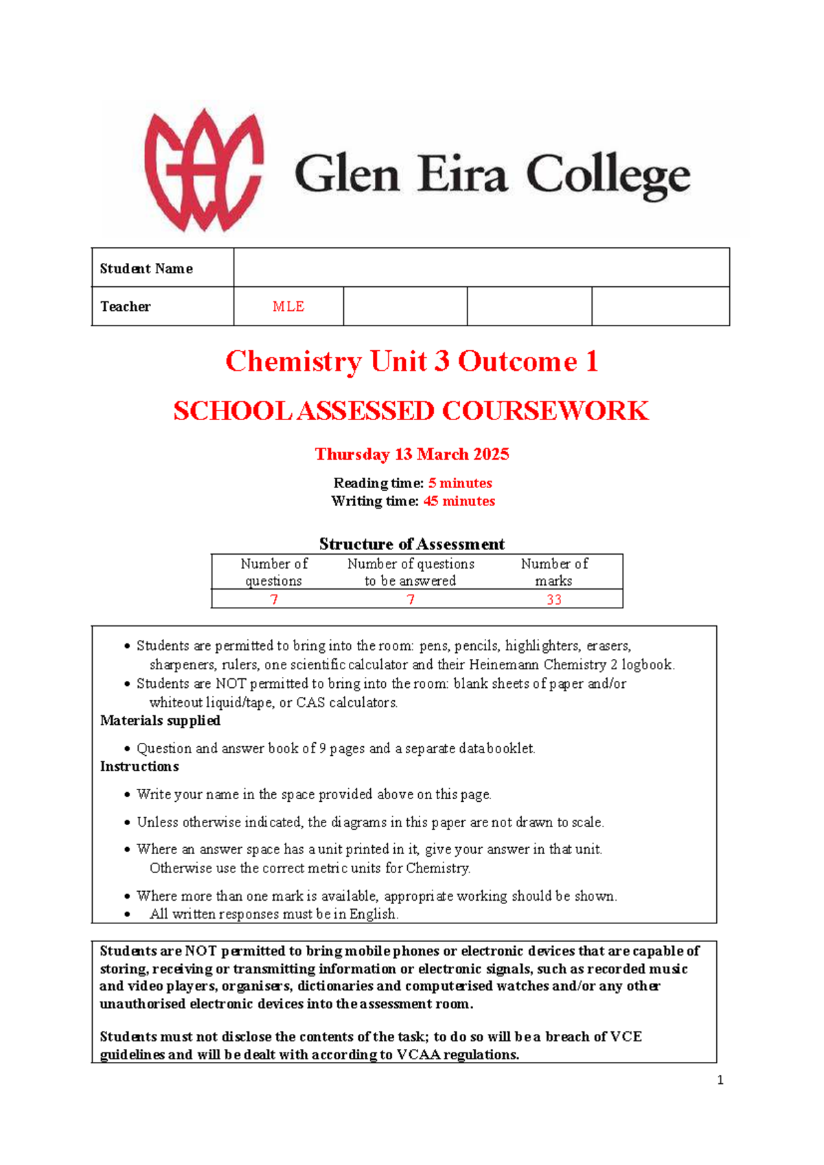 MLE Chemistry Unit 3 Outcome 1: Practice SAC Guide - Studocu