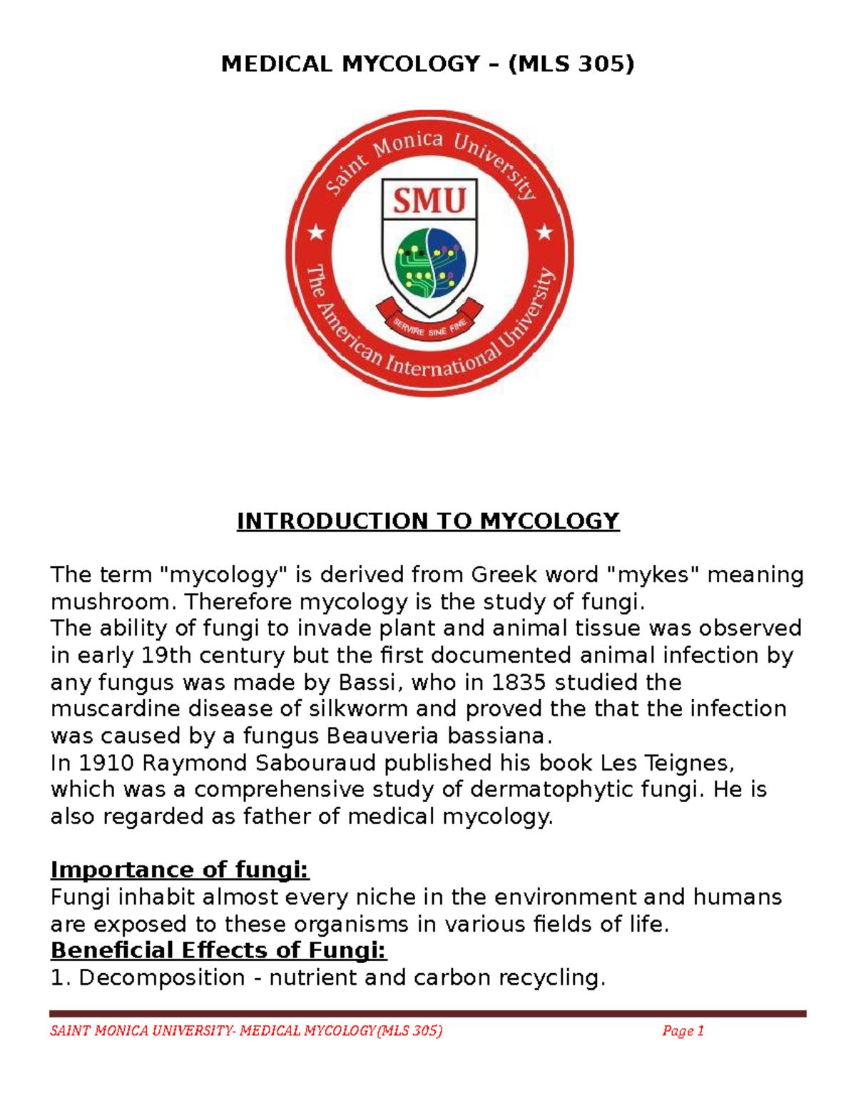 Medical Mycology Overview and Key Concepts (MLS 305) - Studocu