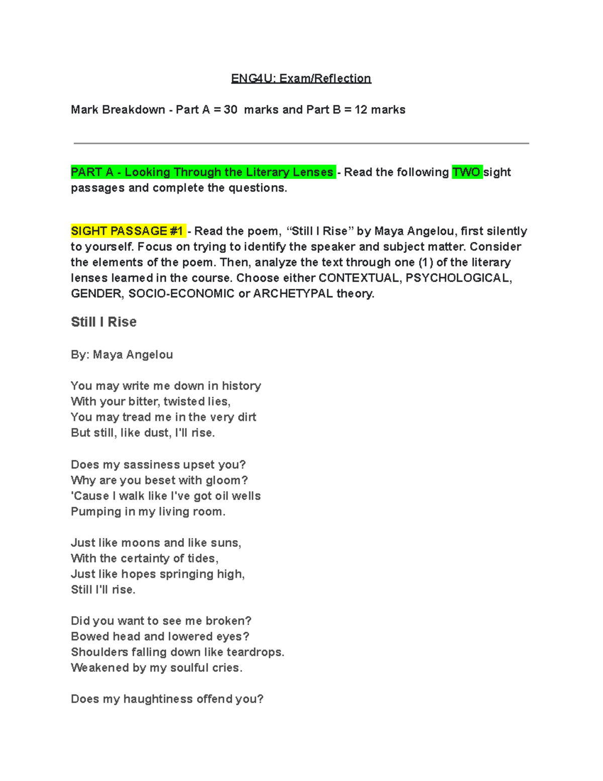 ENG4U Final Exam Reflection & Analysis - Literary Lenses May 2024 - Studocu