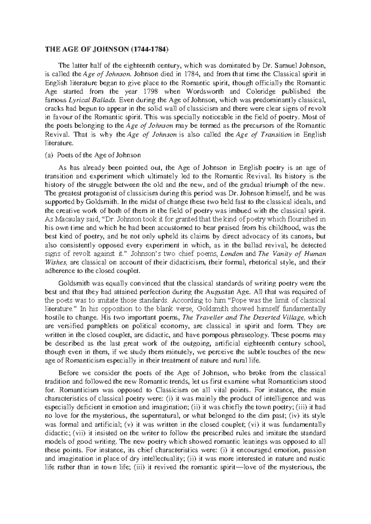 The Age of Johnson: Transition from Classicism to Romanticism - Studocu