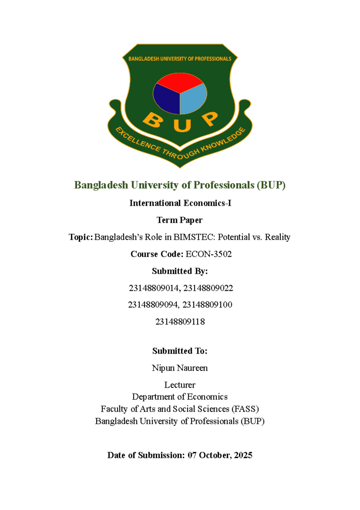 Term Paper: Bangladesh's Role in BIMSTEC - Potential vs. Reality ...
