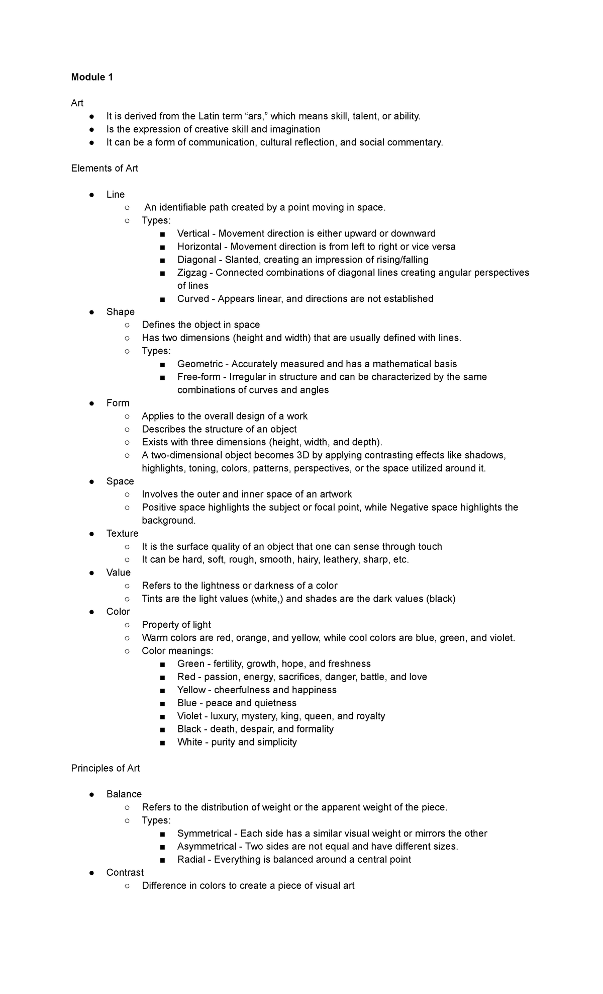 Art Appreciation: Module 1 & 2 Overview of Elements and Movements - Studocu